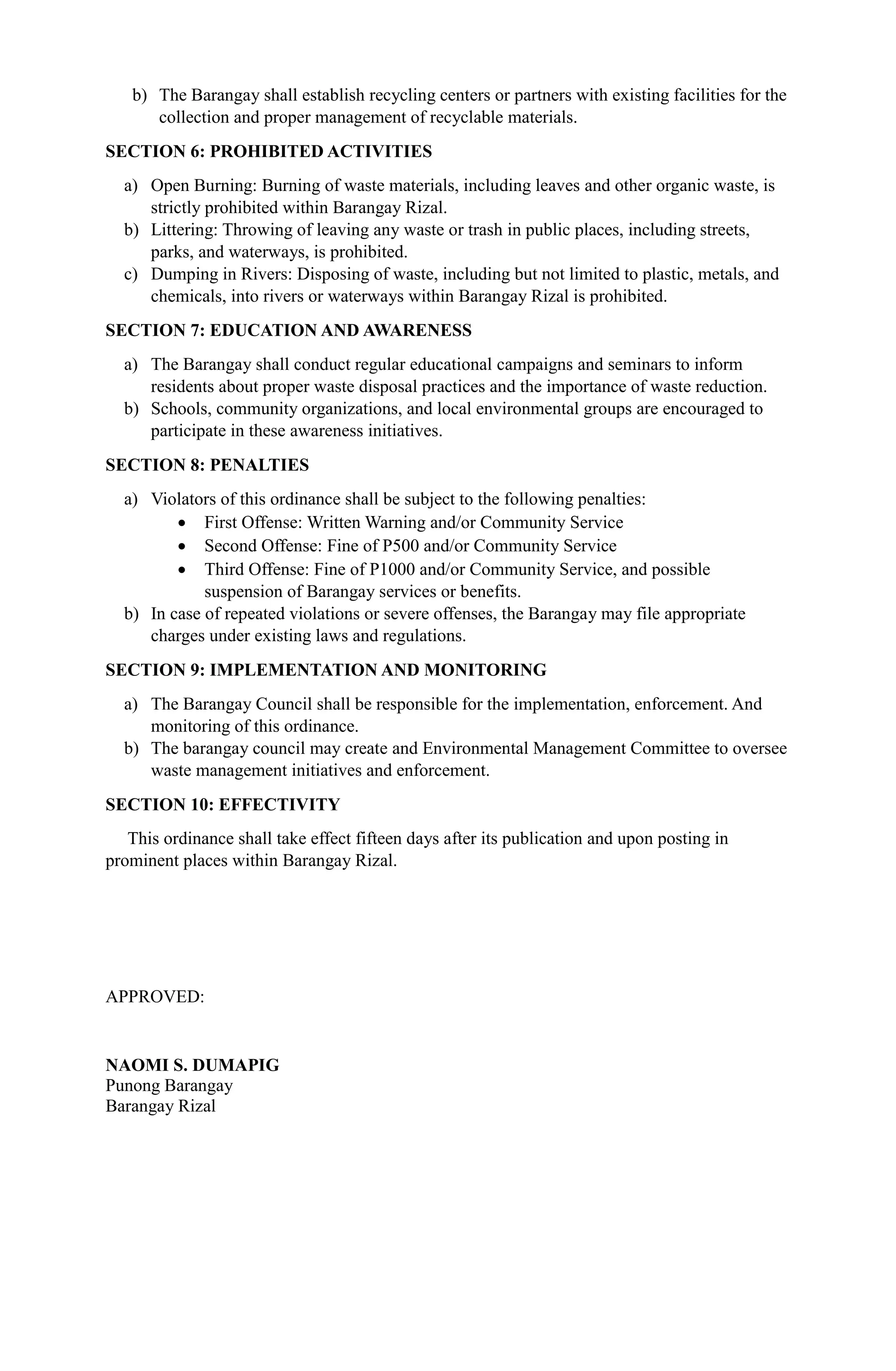 Barangay Ordinance on Proper Waste Disposal | DOCX