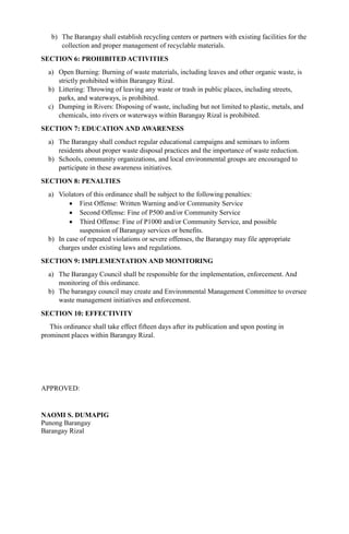 Barangay Ordinance on Proper Waste Disposal | DOCX