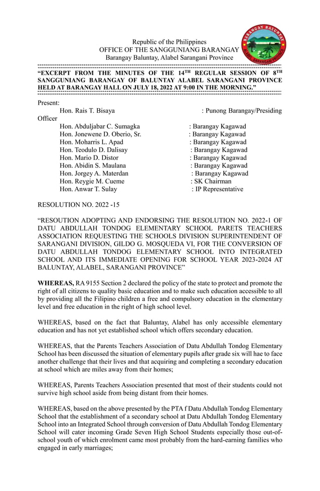 BARANGAY RESOLUTION-IS.docx | Secondary Education | Education