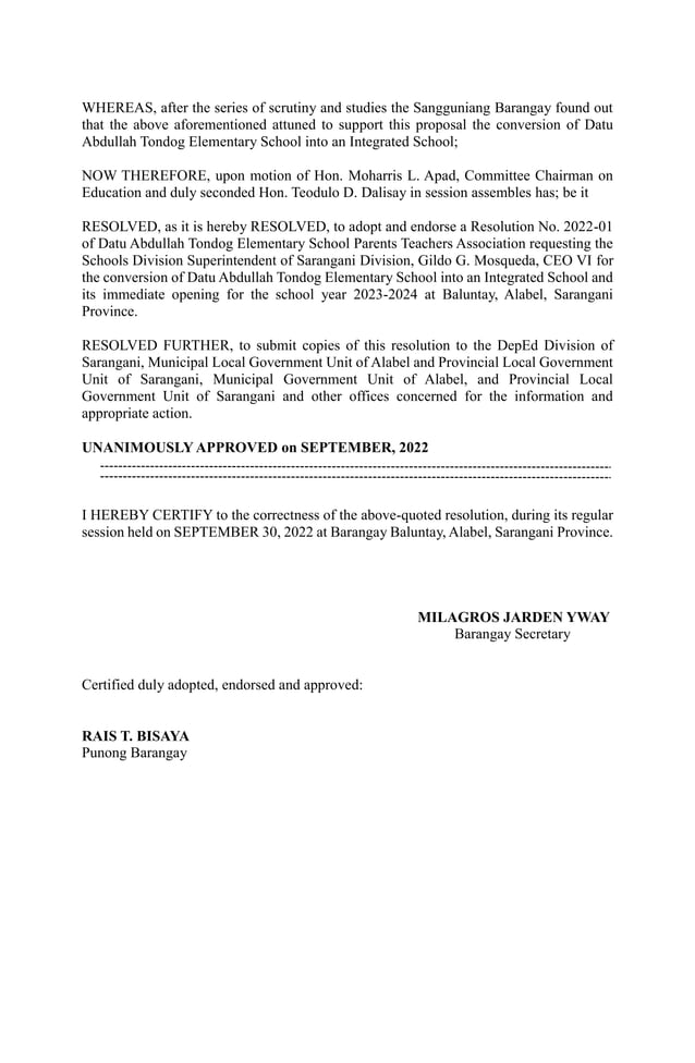 BARANGAY RESOLUTION-IS.docx | Secondary Education | Education
