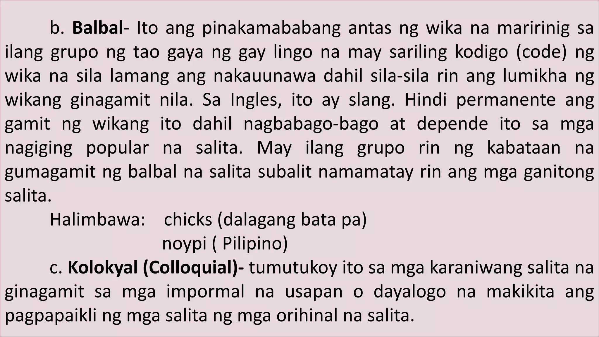 Barayti ng wika, gr. 7 filipino | PPTX