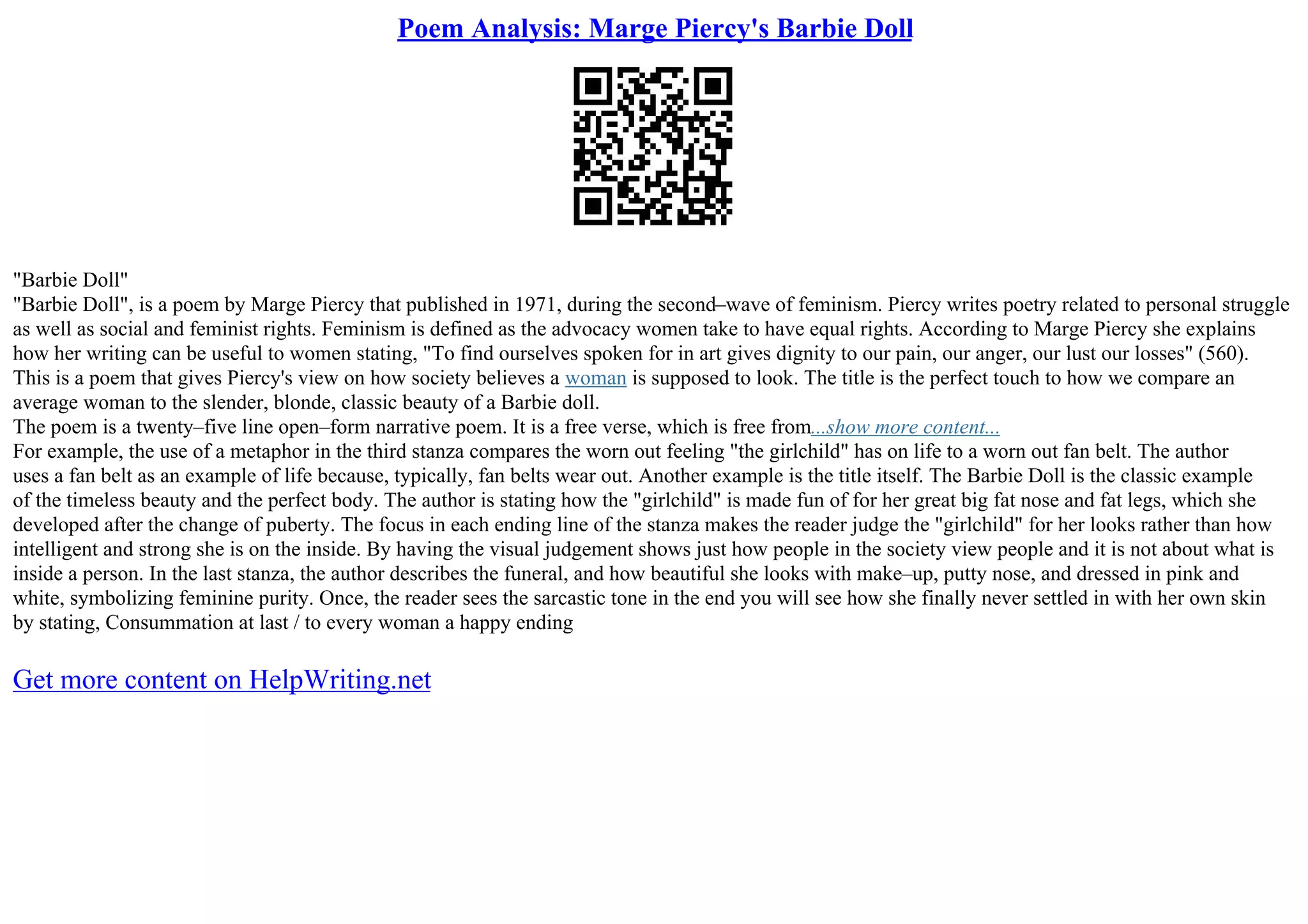 Barbie Doll Poem Analysis | PDF
