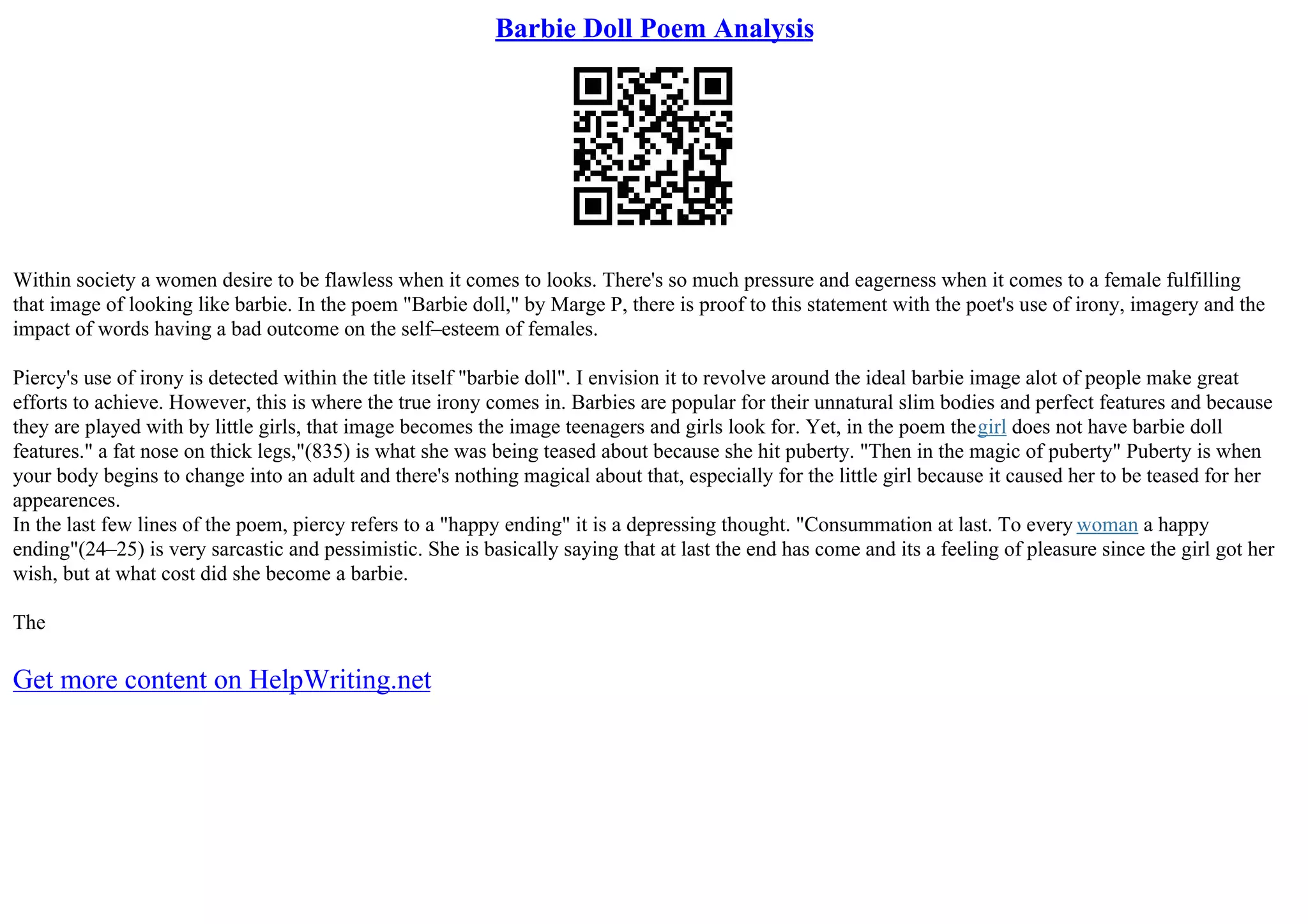 Barbie Doll Poem Analysis | PDF