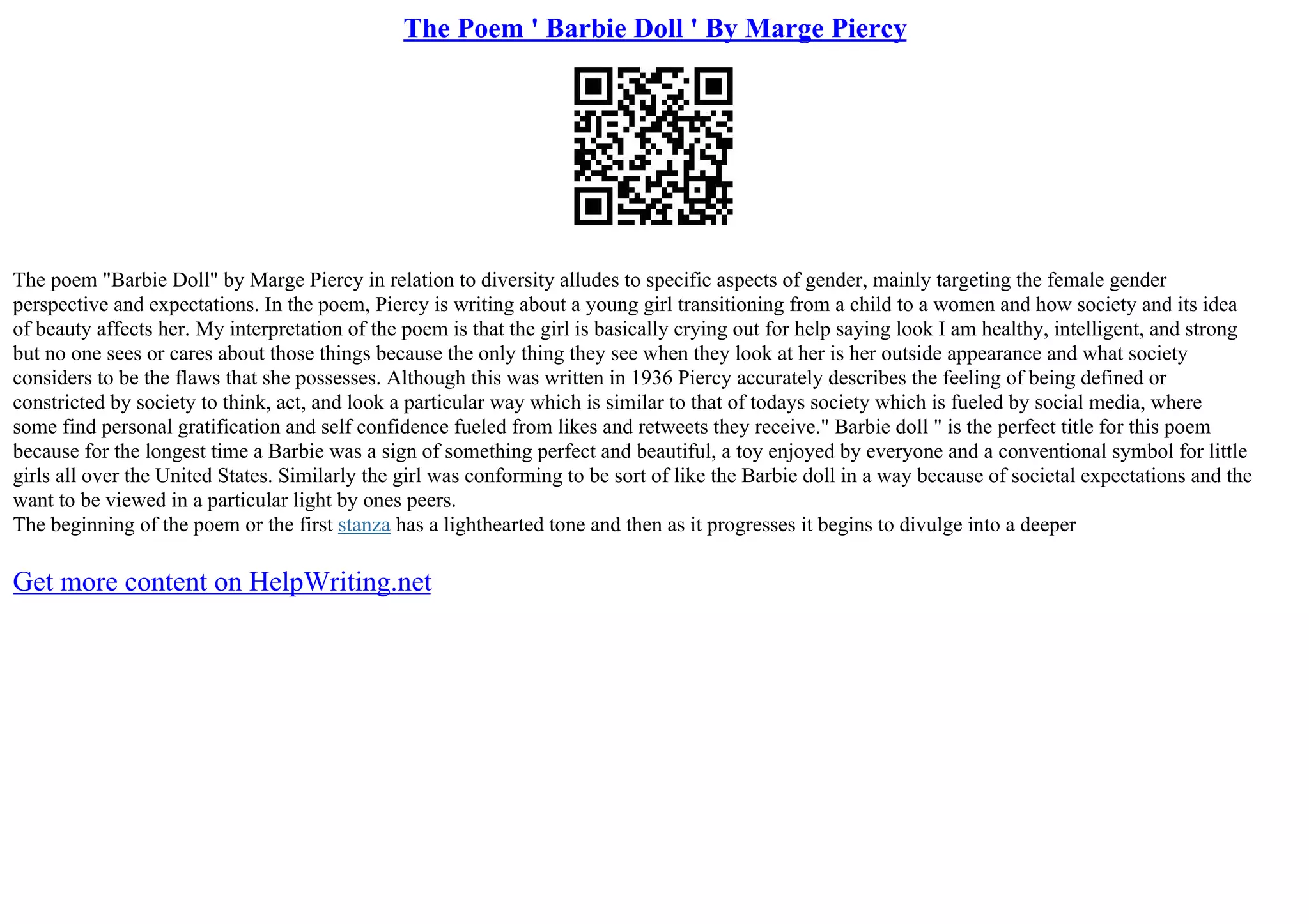 Barbie Doll Poem Analysis | PDF