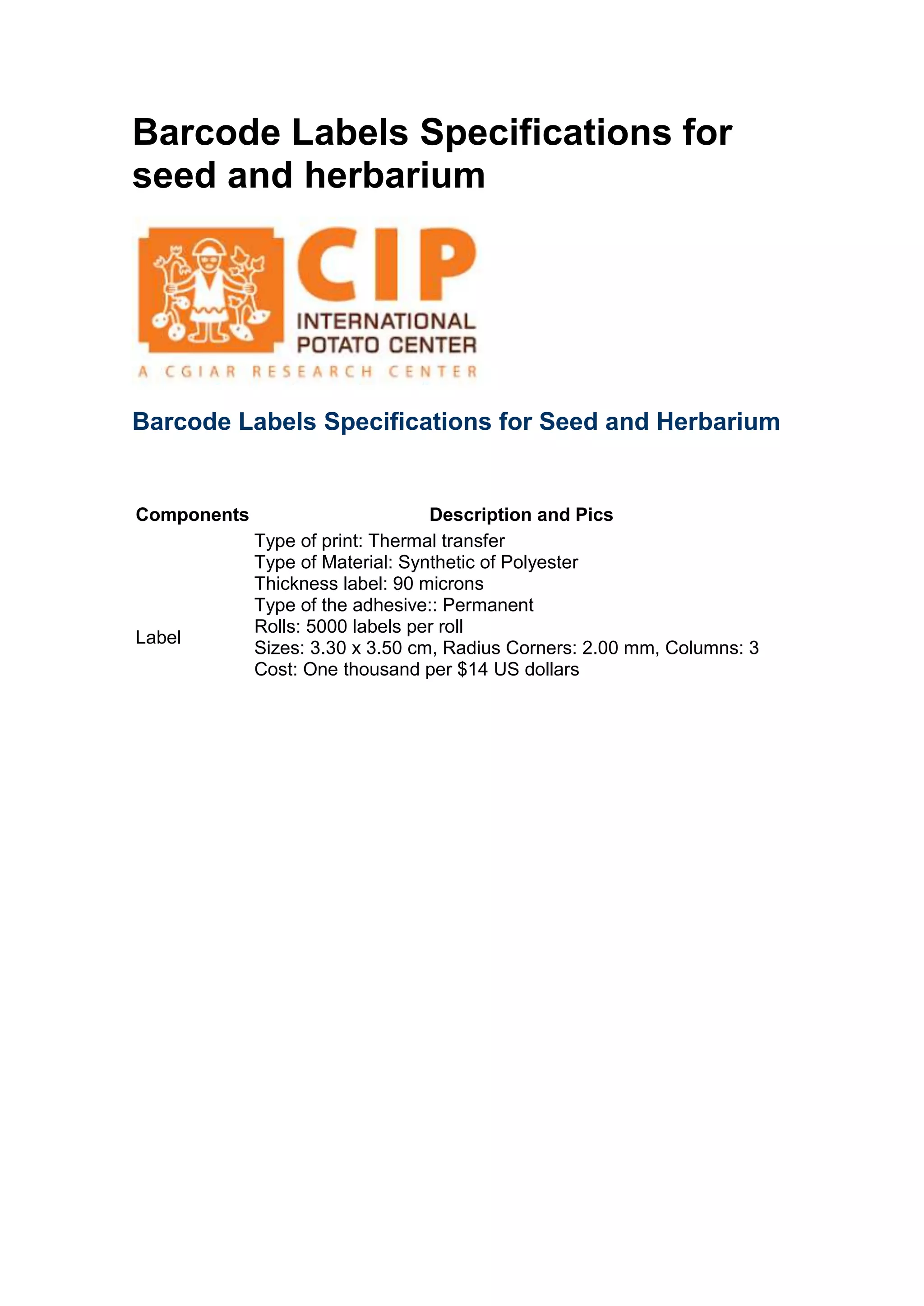 Barcode labels specifications for Seed and Herbarium | PDF | Computing ...