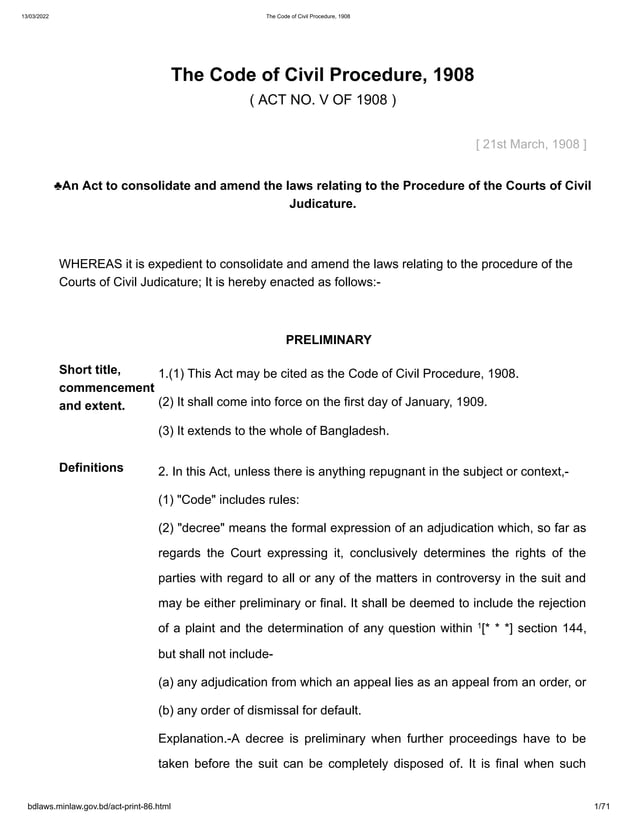 BARE ACT CPC 1908 | PDF | Law