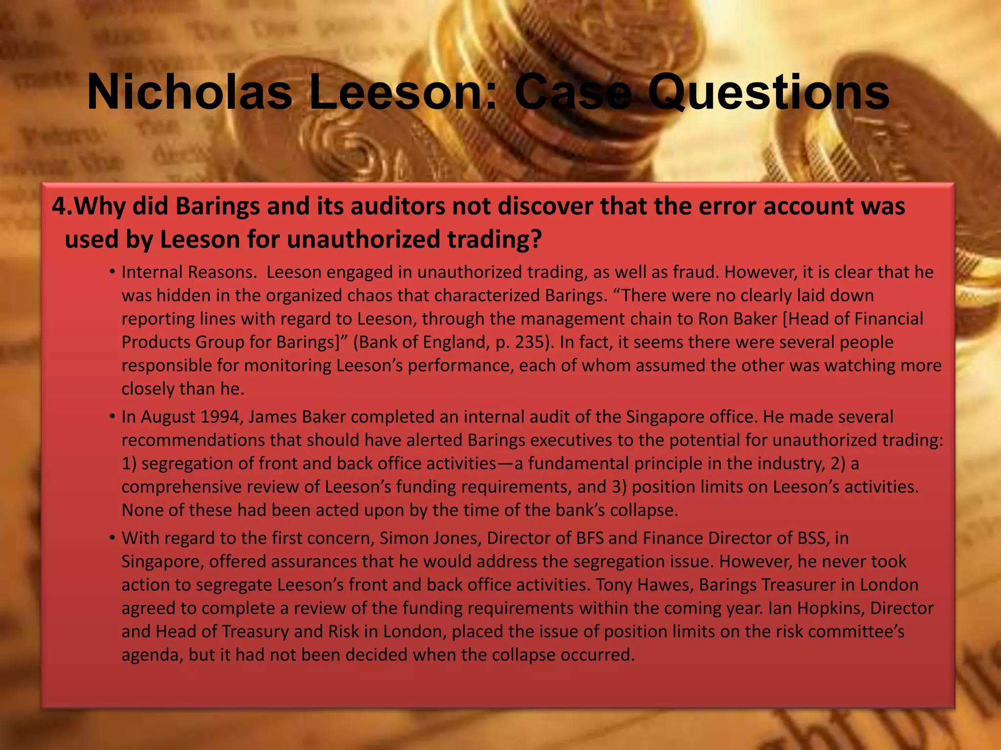 Case study of Baring bank & Nick Leeson | PPTX