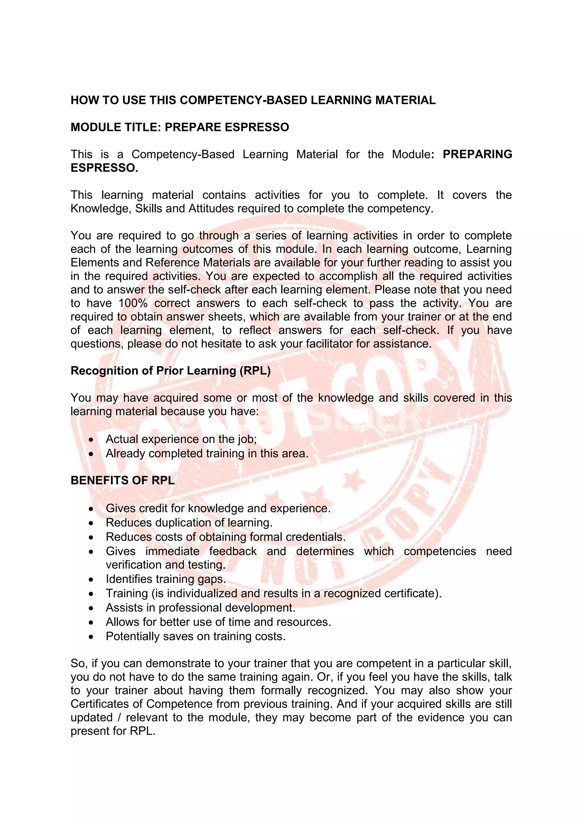 BARISTA NC II - CBLM | PDF