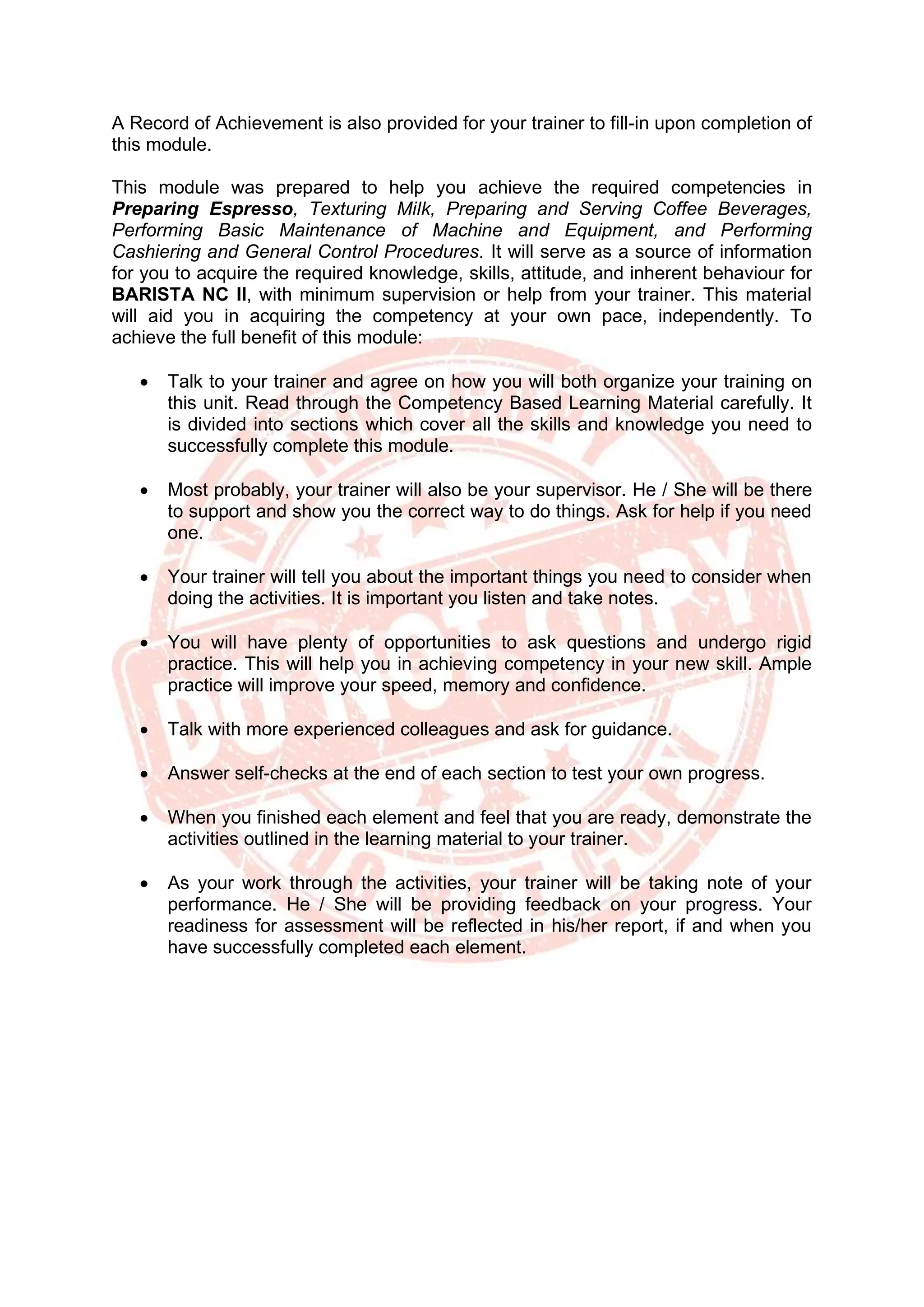 BARISTA NC II - CBLM | PDF