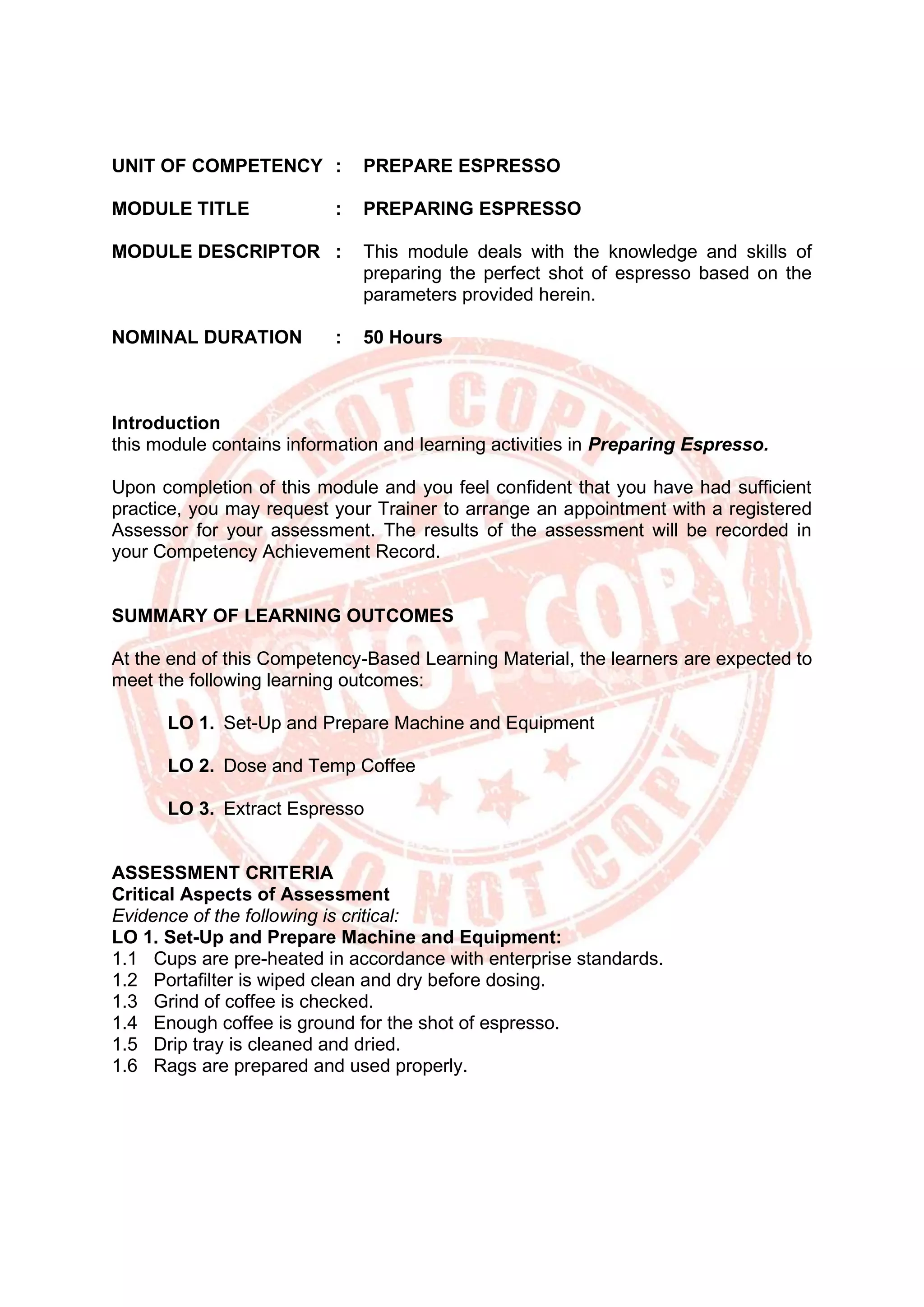 BARISTA NC II - CBLM | PDF