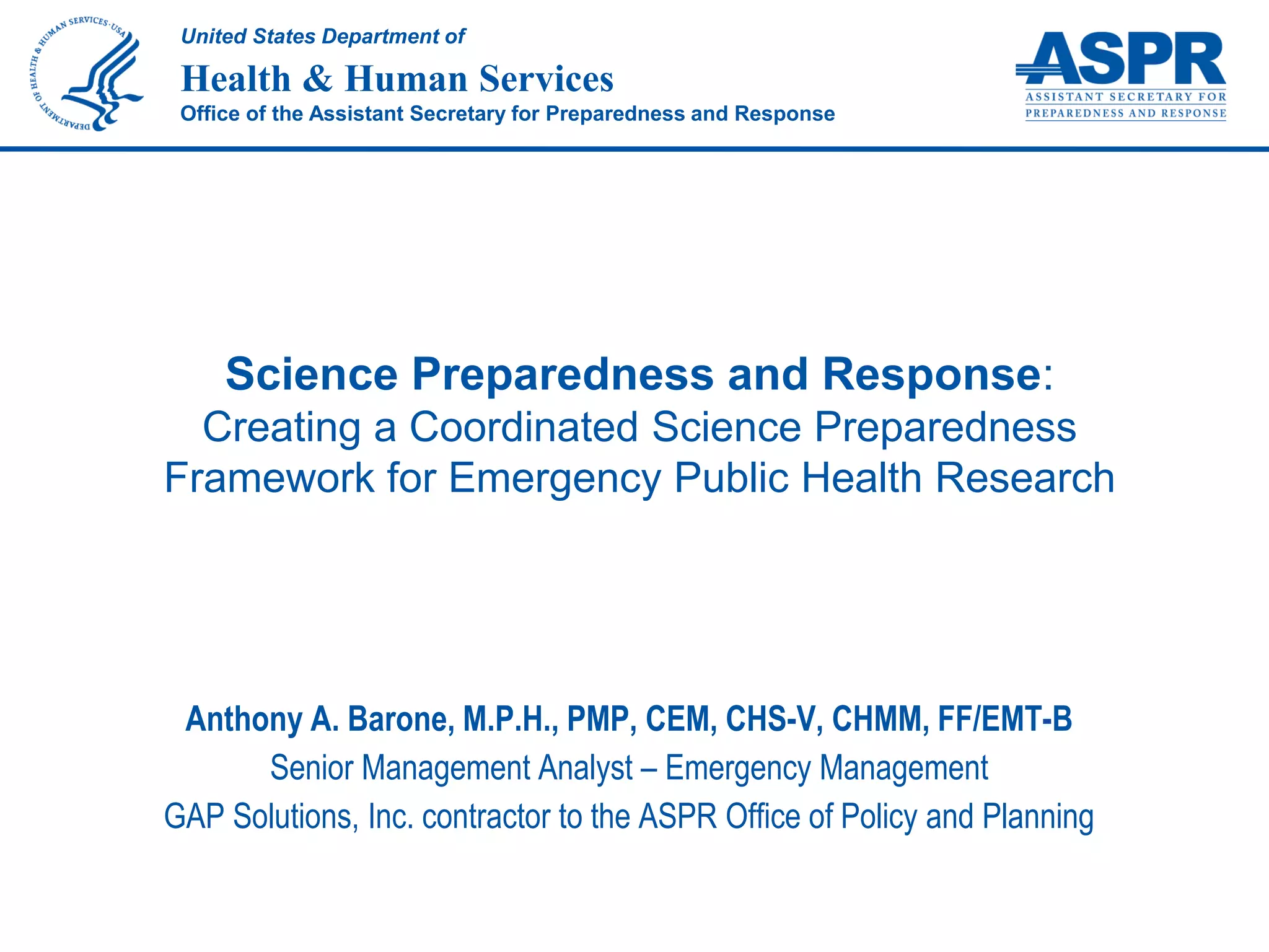 Science Preparedness and Response: Creating a Coordinated Science ...
