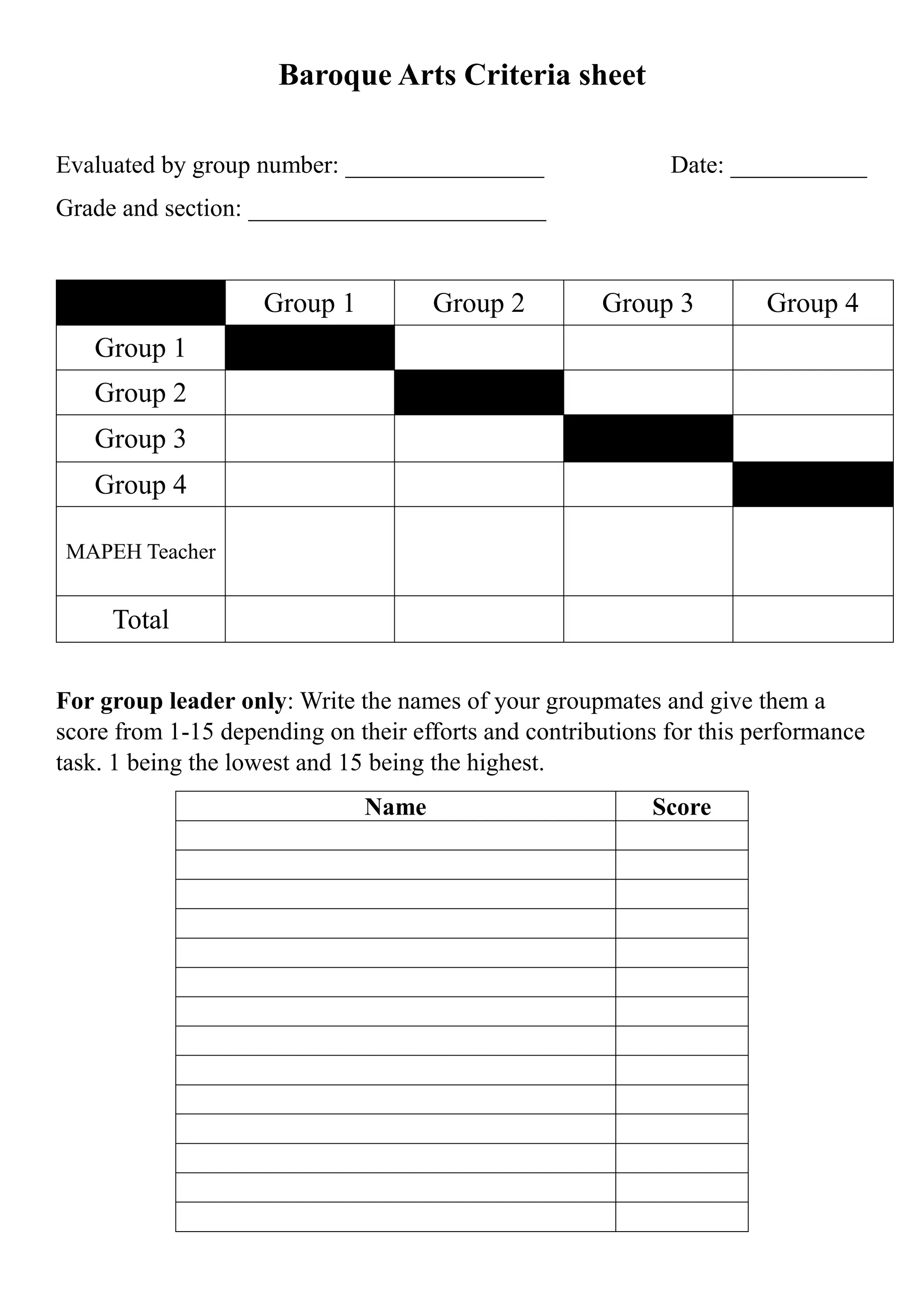 Baroque Arts Criteria sheet document per group | DOCX