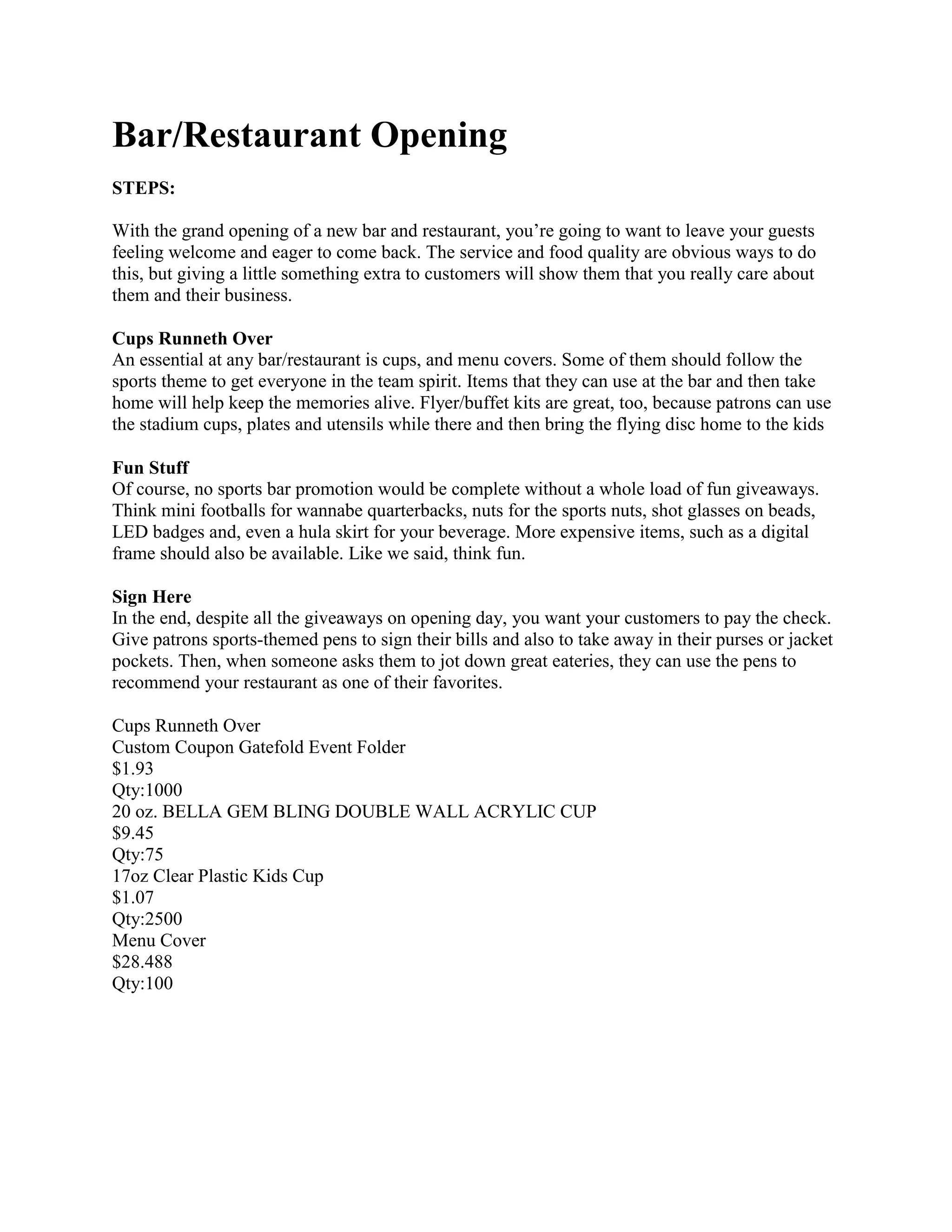 Bar restaurant opening | PDF