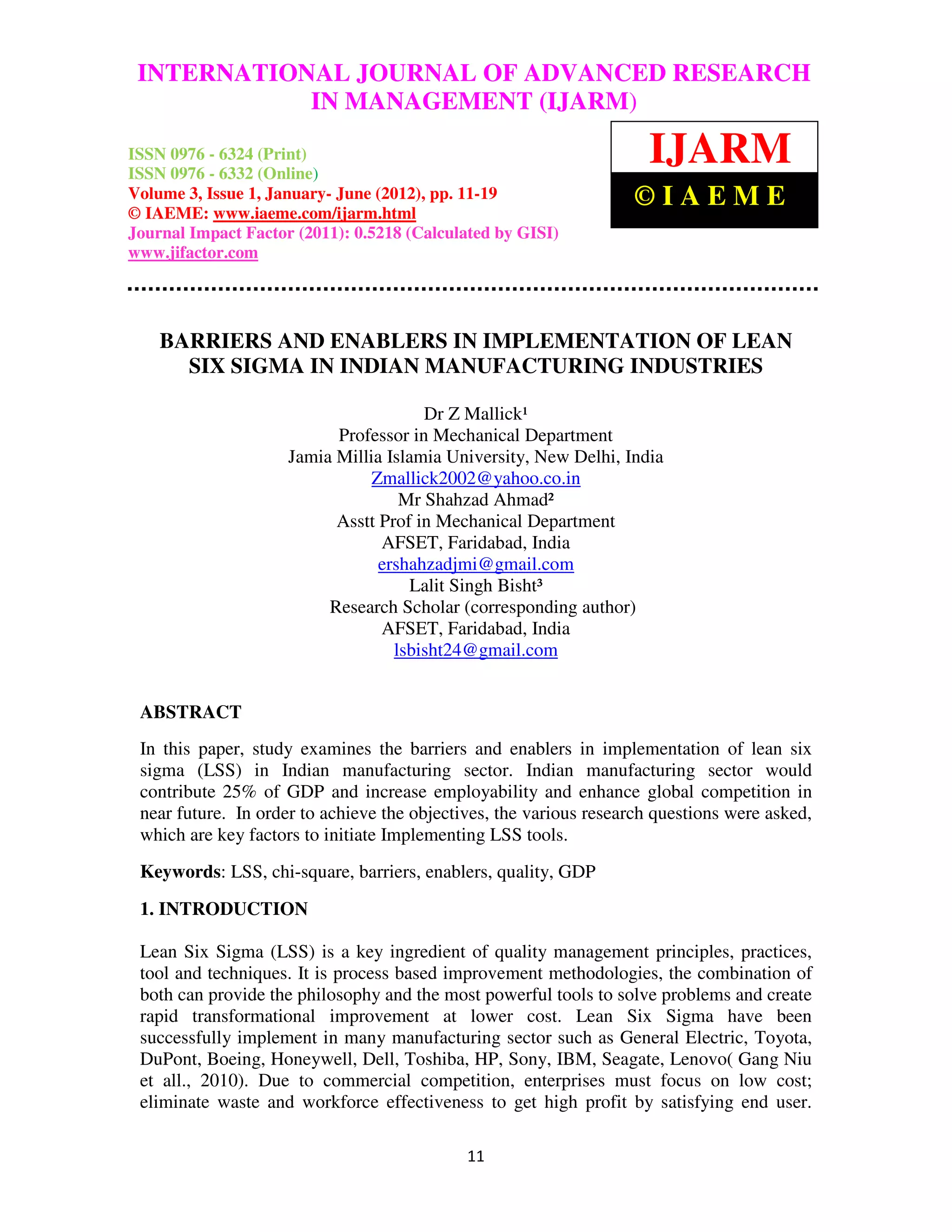 Barriers and enablers in implementation of lean six sigma | PDF