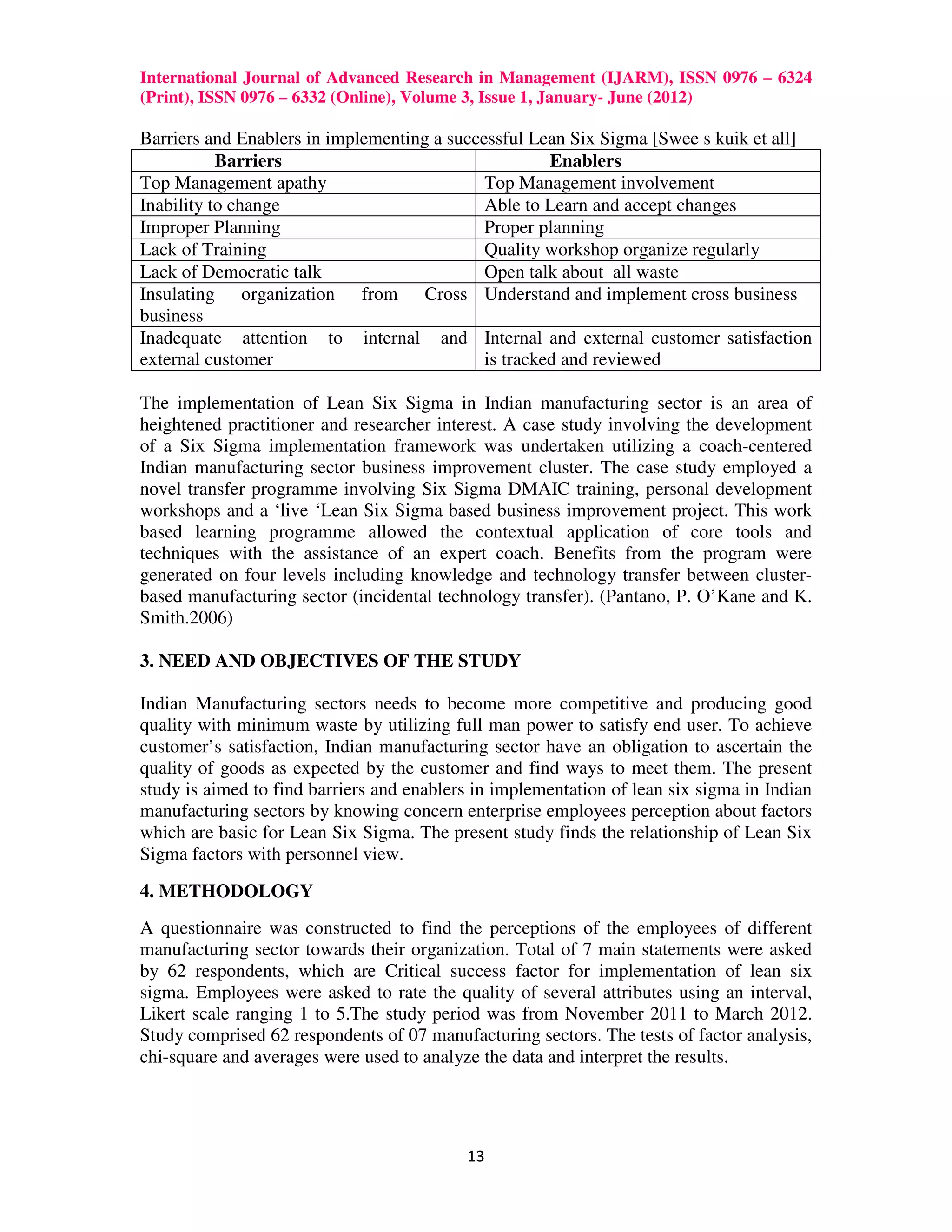 Barriers and enablers in implementation of lean six sigma | PDF