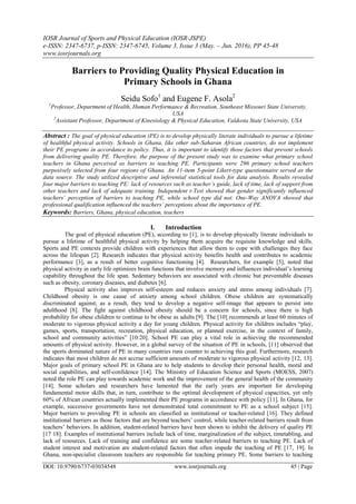 Barriers to Providing Quality Physical Education in Primary Schools in ...