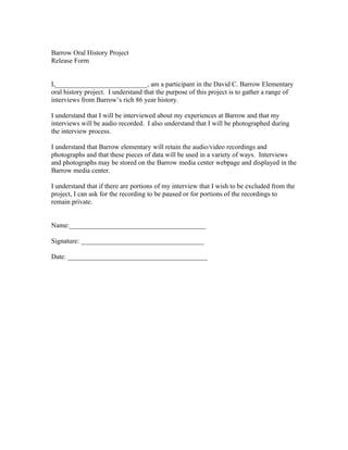 Barrow oral history project release form | DOC