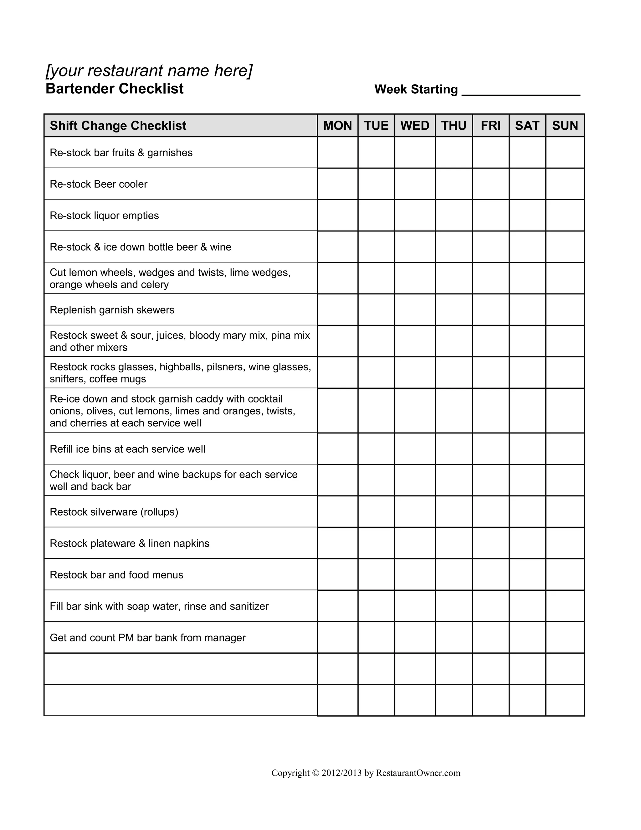 Bartender checklist | DOC