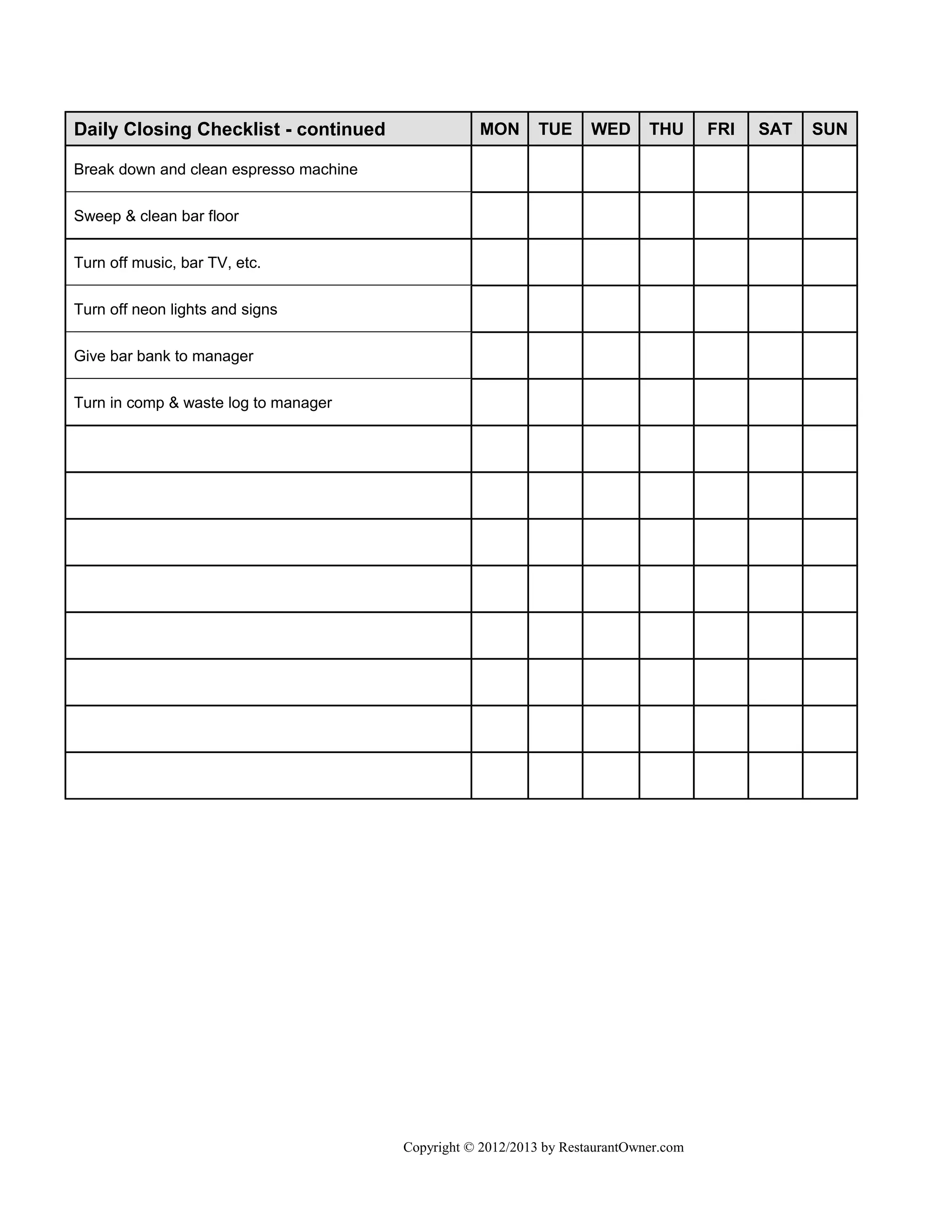 Bartender checklist | DOC