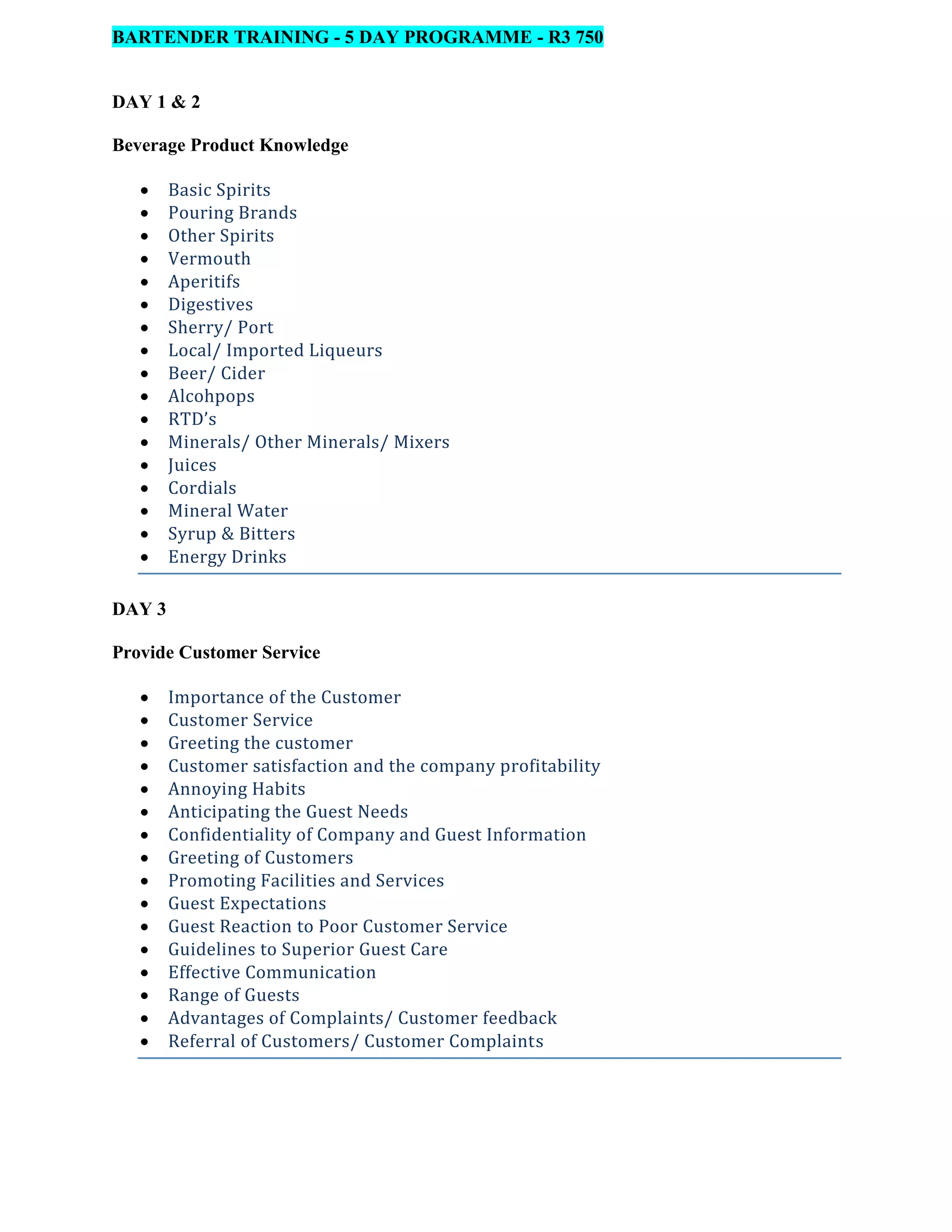 Bartenders training programmes sam hospitality academy | PDF