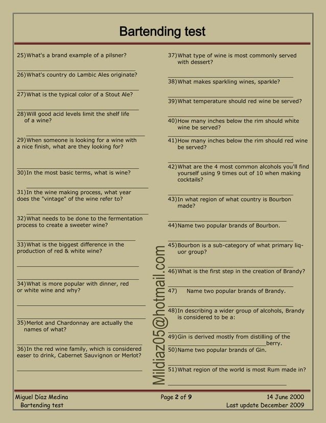 Bartending testing | PDF | Alcoholic Beverages | Food & Drink