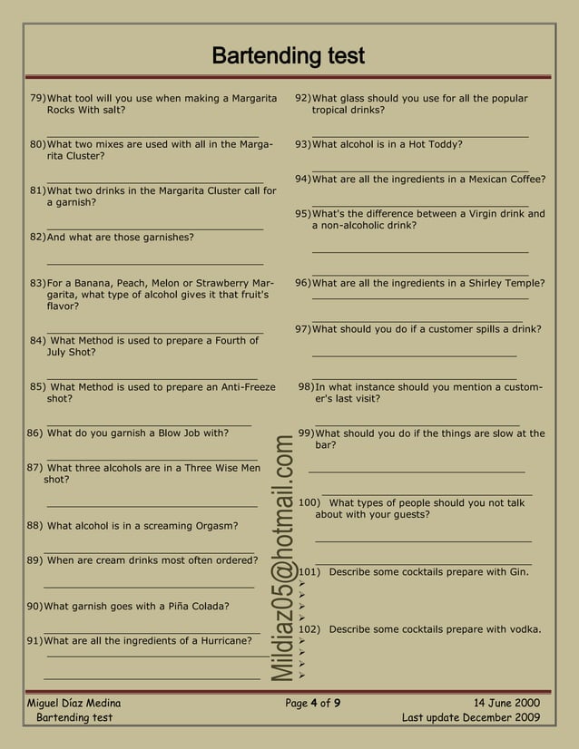 Bartending testing | PDF | Alcoholic Beverages | Food & Drink