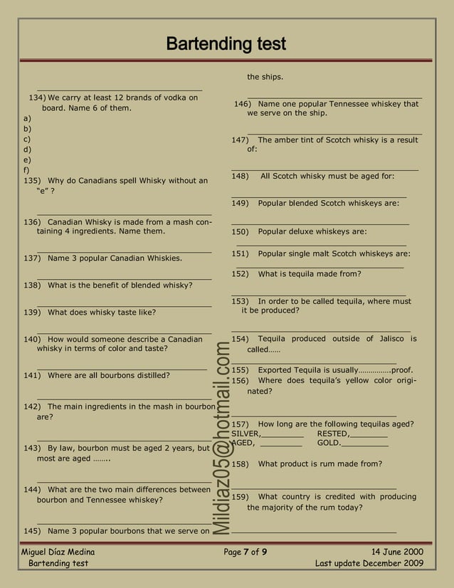 Bartending testing | PDF | Alcoholic Beverages | Food & Drink