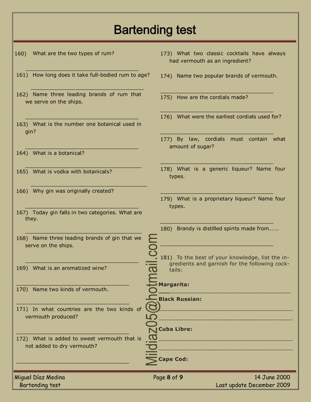 Bartending testing | PDF | Alcoholic Beverages | Food & Drink