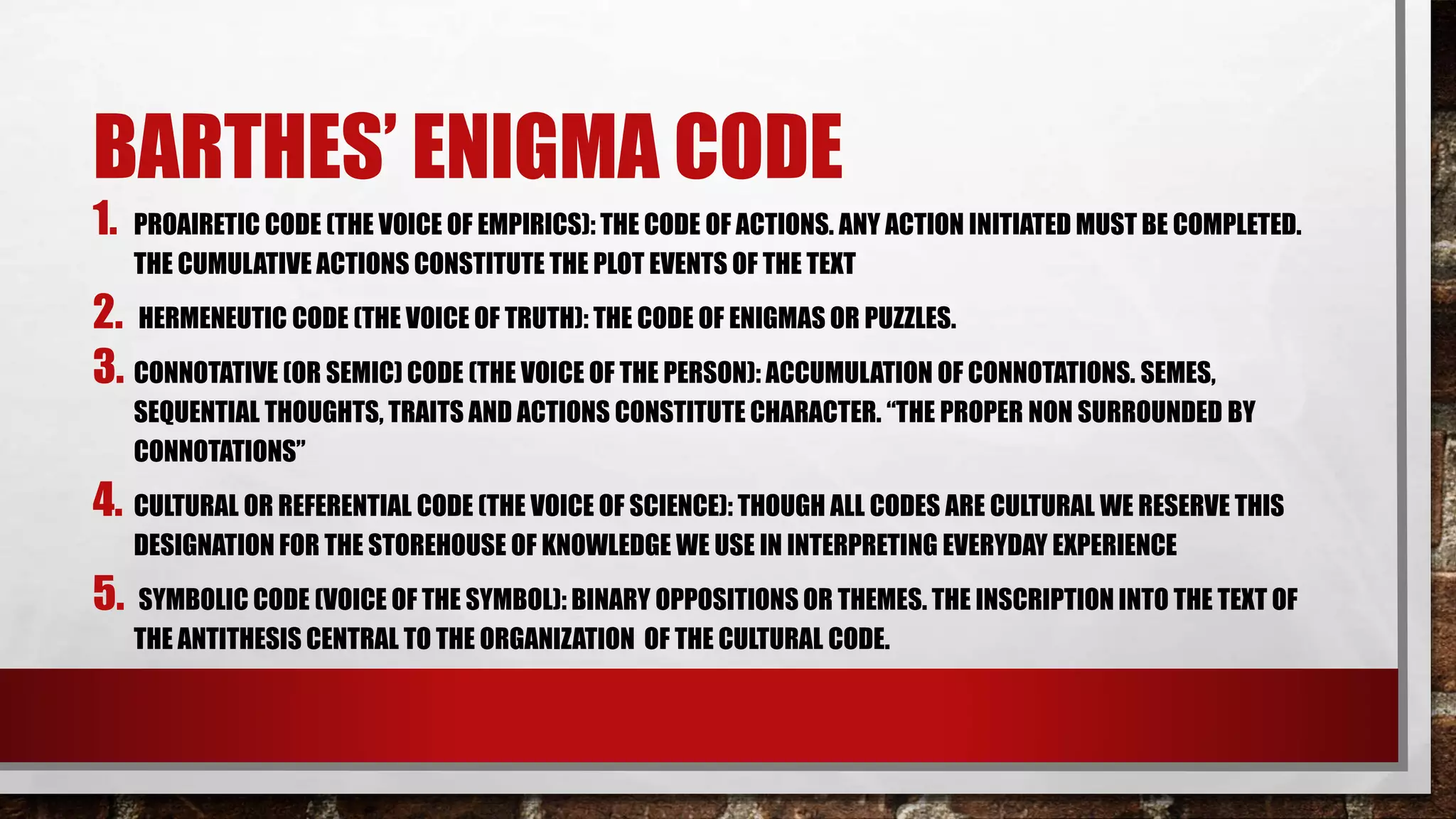 Barthes’ enigma code and levi strauss binary | PPT