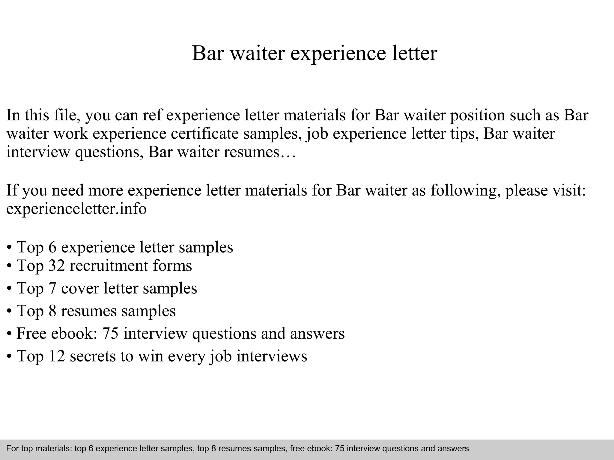 Bar waiter experience letter | PPT