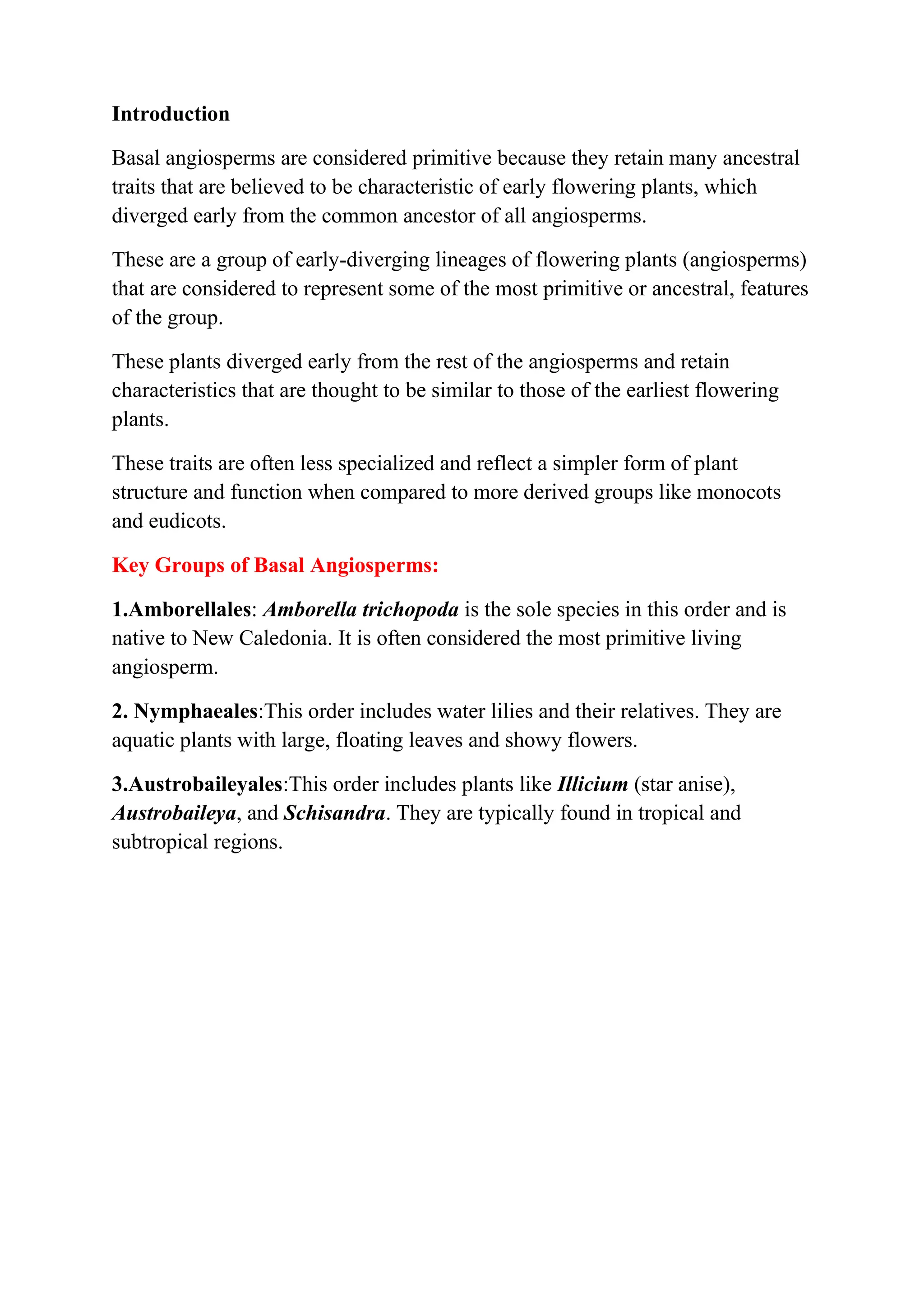 Basal angiosperms || Key Groups of Basal Angiosperms | PDF