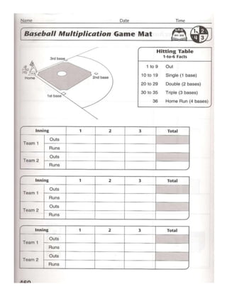 Baseball Multiplcation Game Mat | DOCX