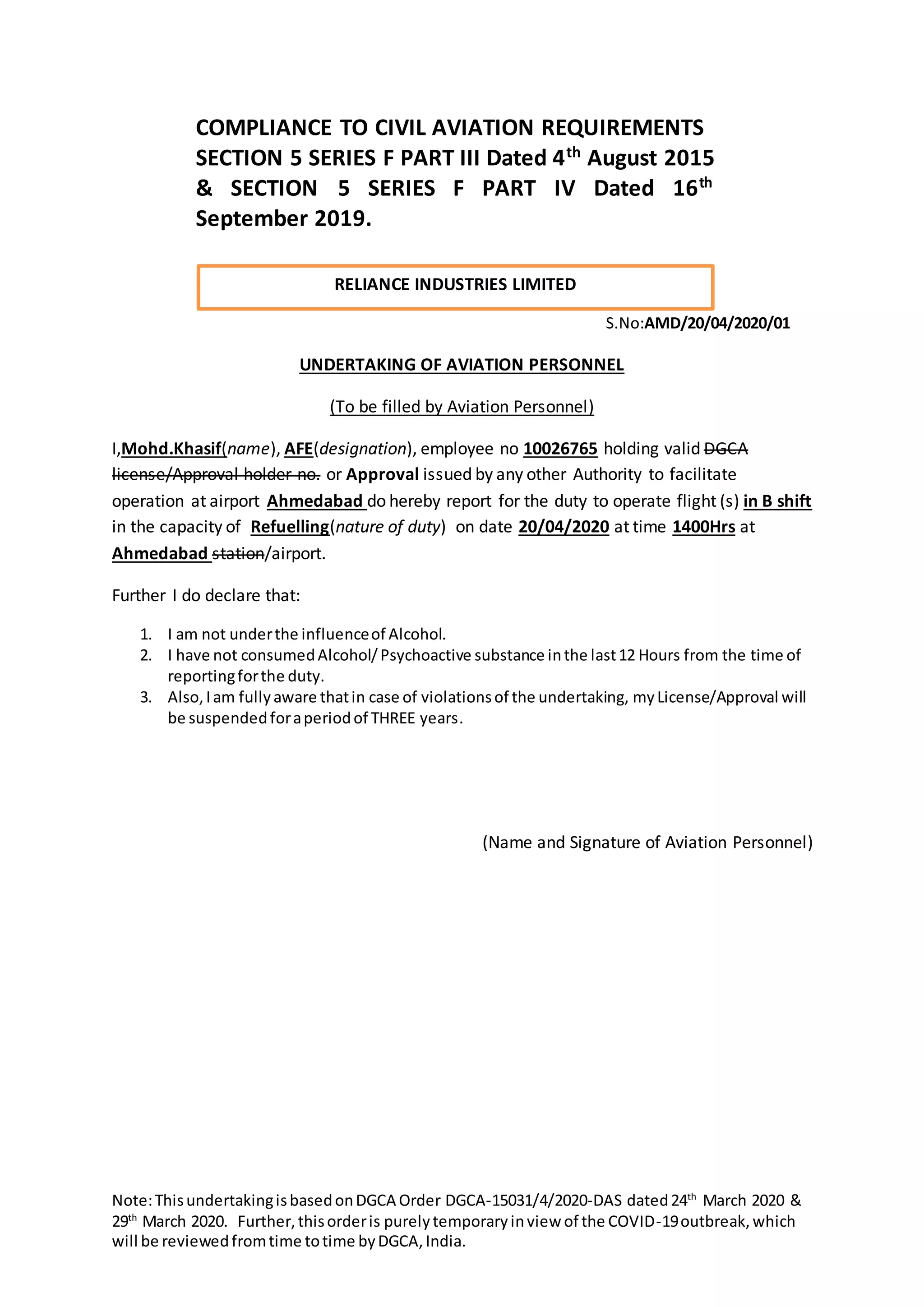 Ba self declaration dgca template | DOCX