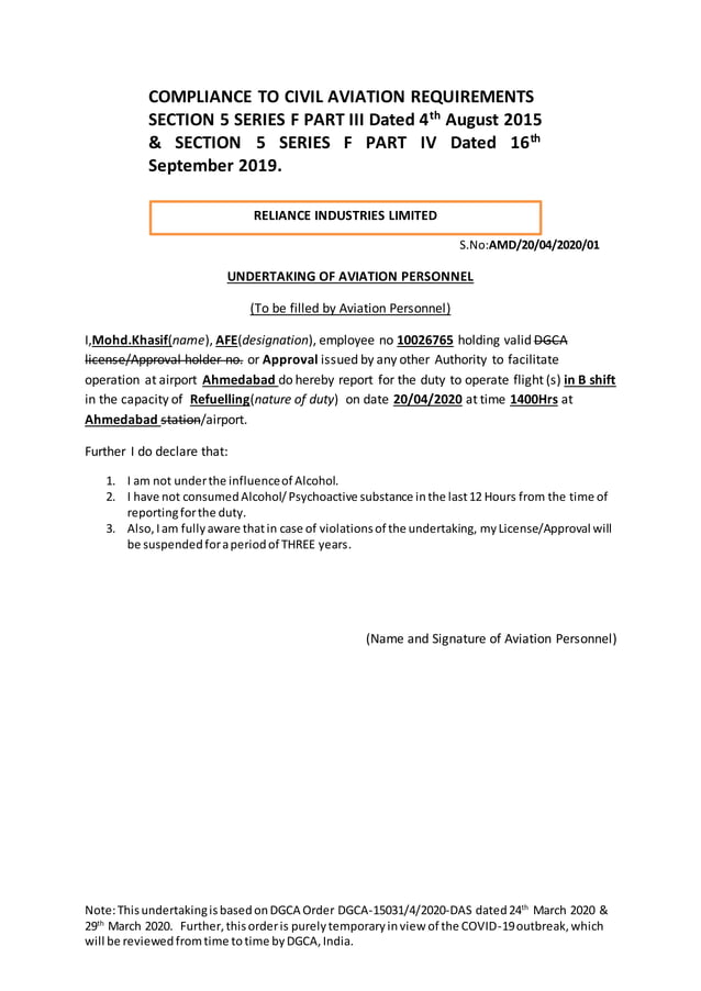 Ba self declaration dgca template | DOCX | Aviation Industry | Industries