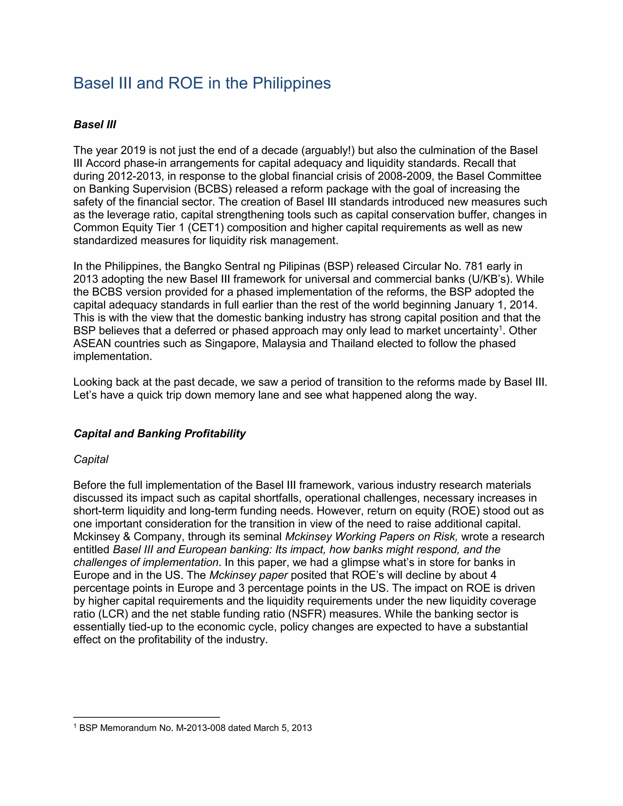 Basel III and ROE in the Philippines | PDF