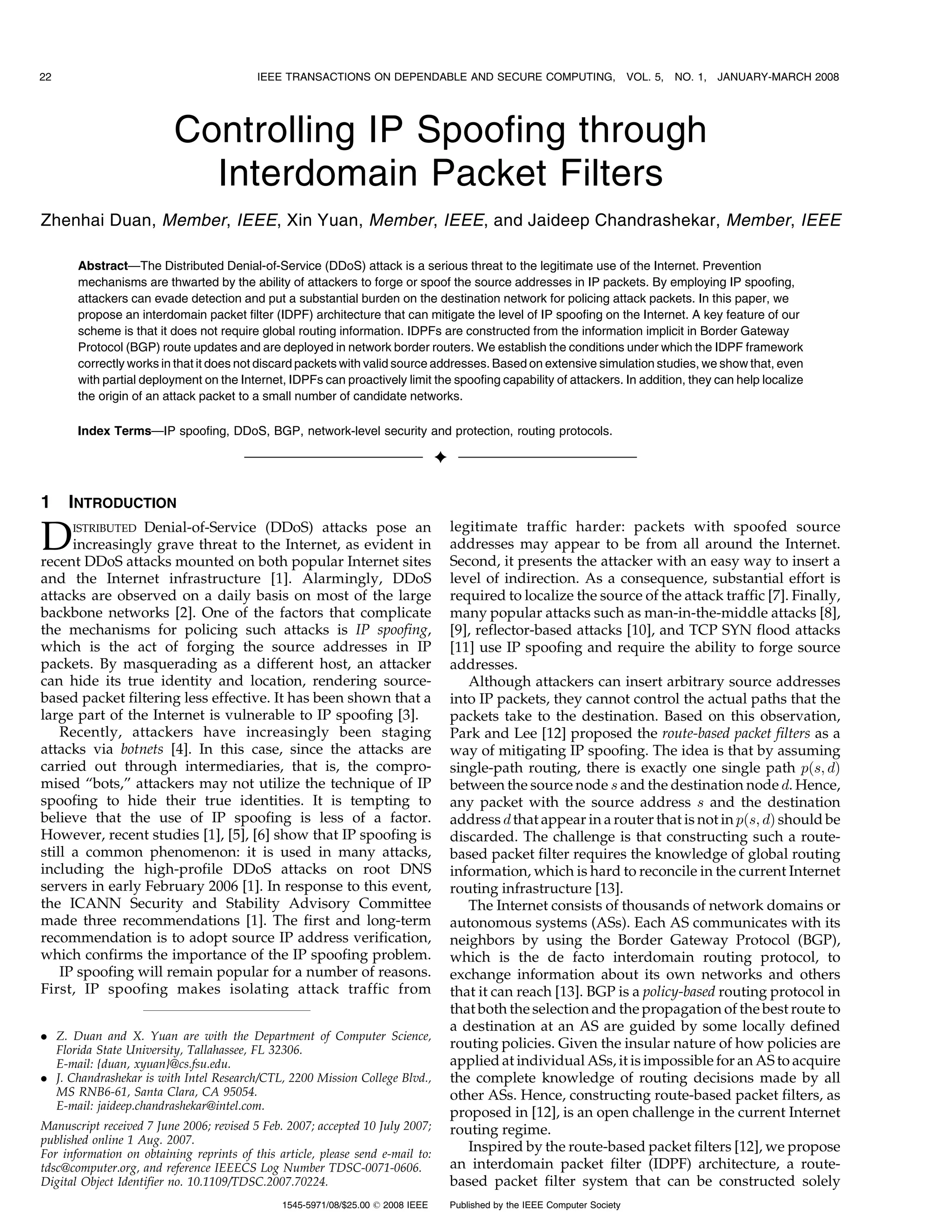 Basepapercontrolling Ip Spoofing Through Interdomain Packet Filters Pdf