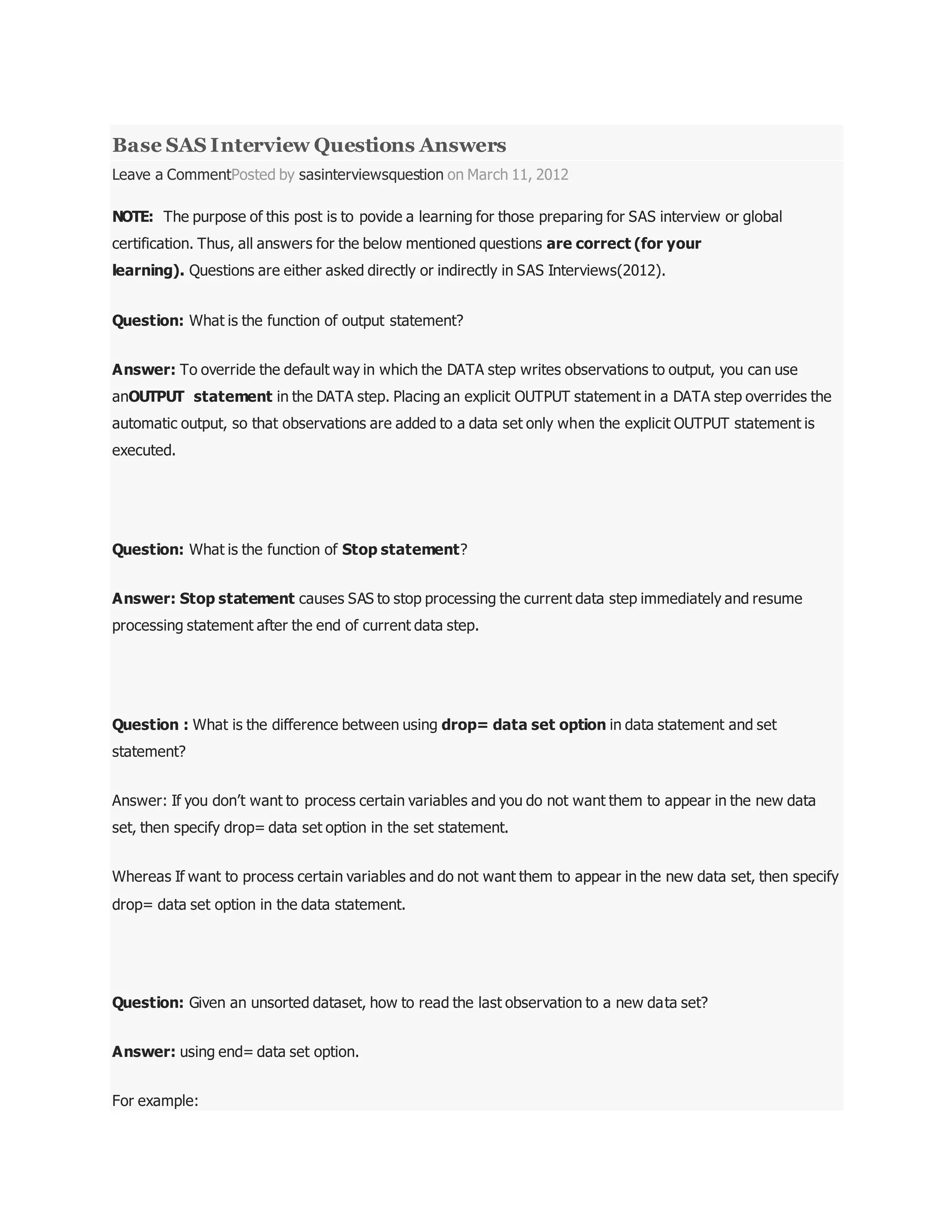 Base sas interview questions | PDF