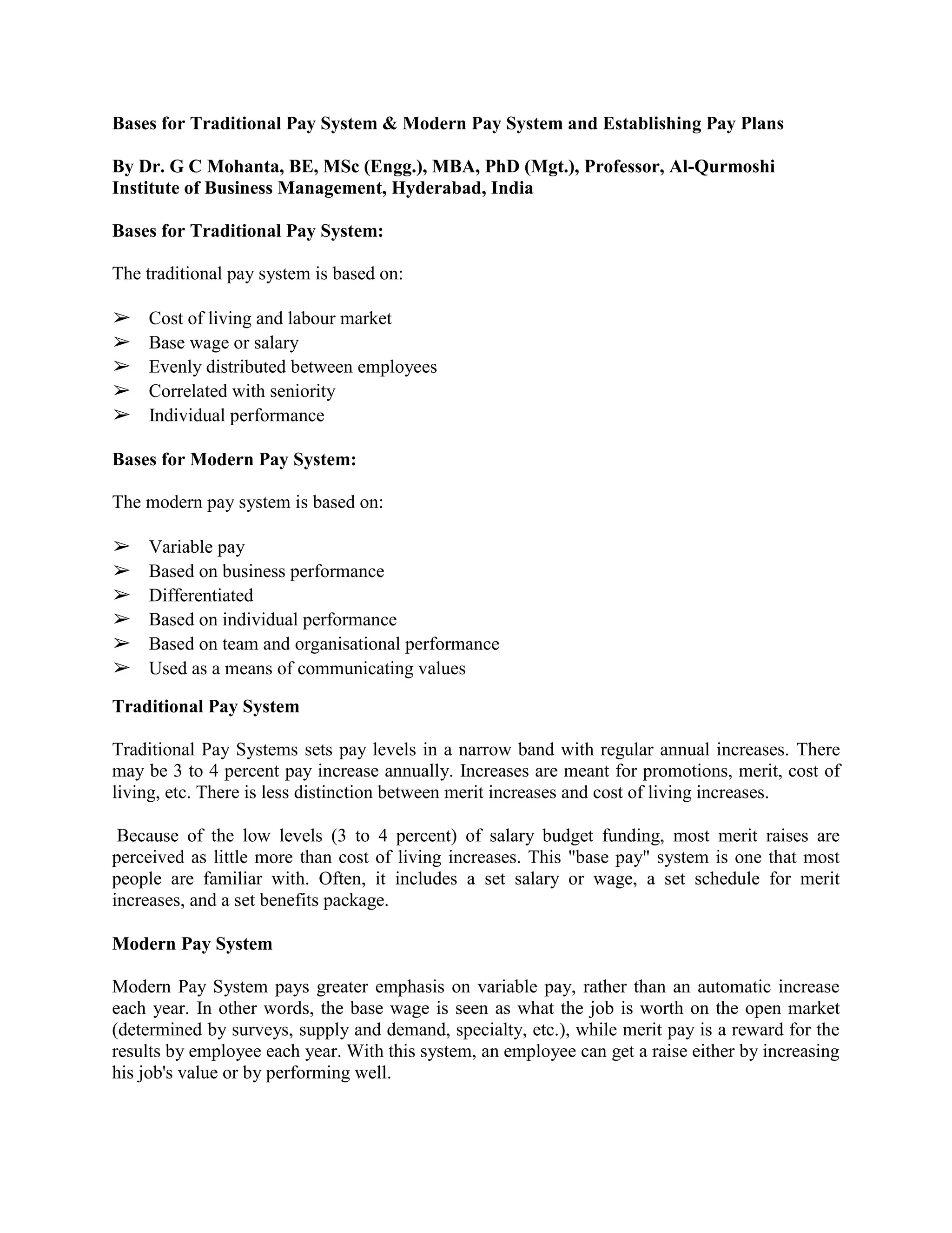 Bases for traditional pay system & modern pay system and establishing ...