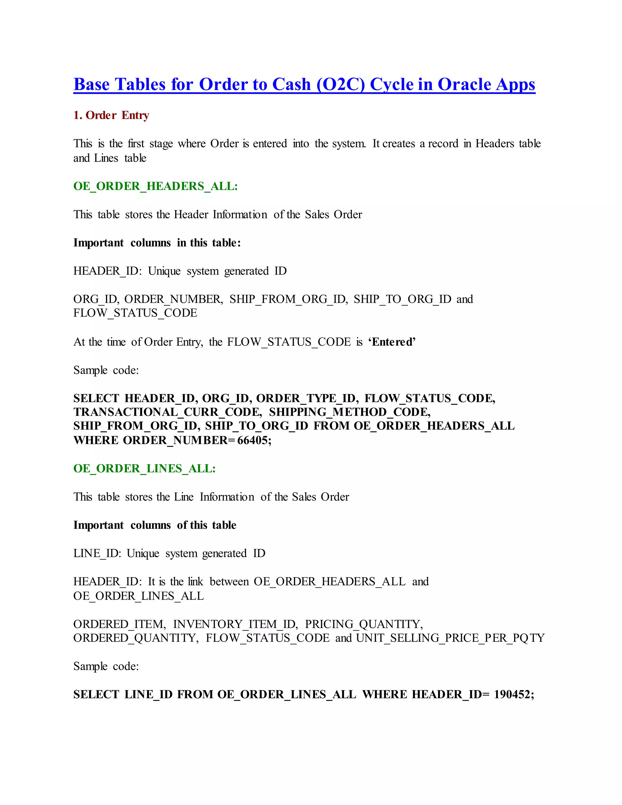 Base tables for order to cash | DOCX