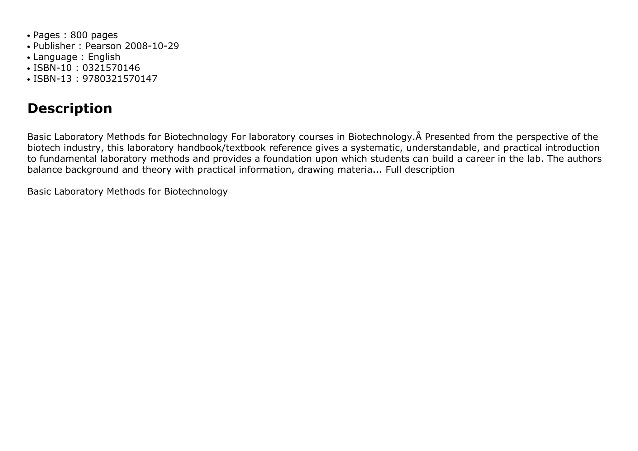 Basic Laboratory Methods for Biotechnology | PDF