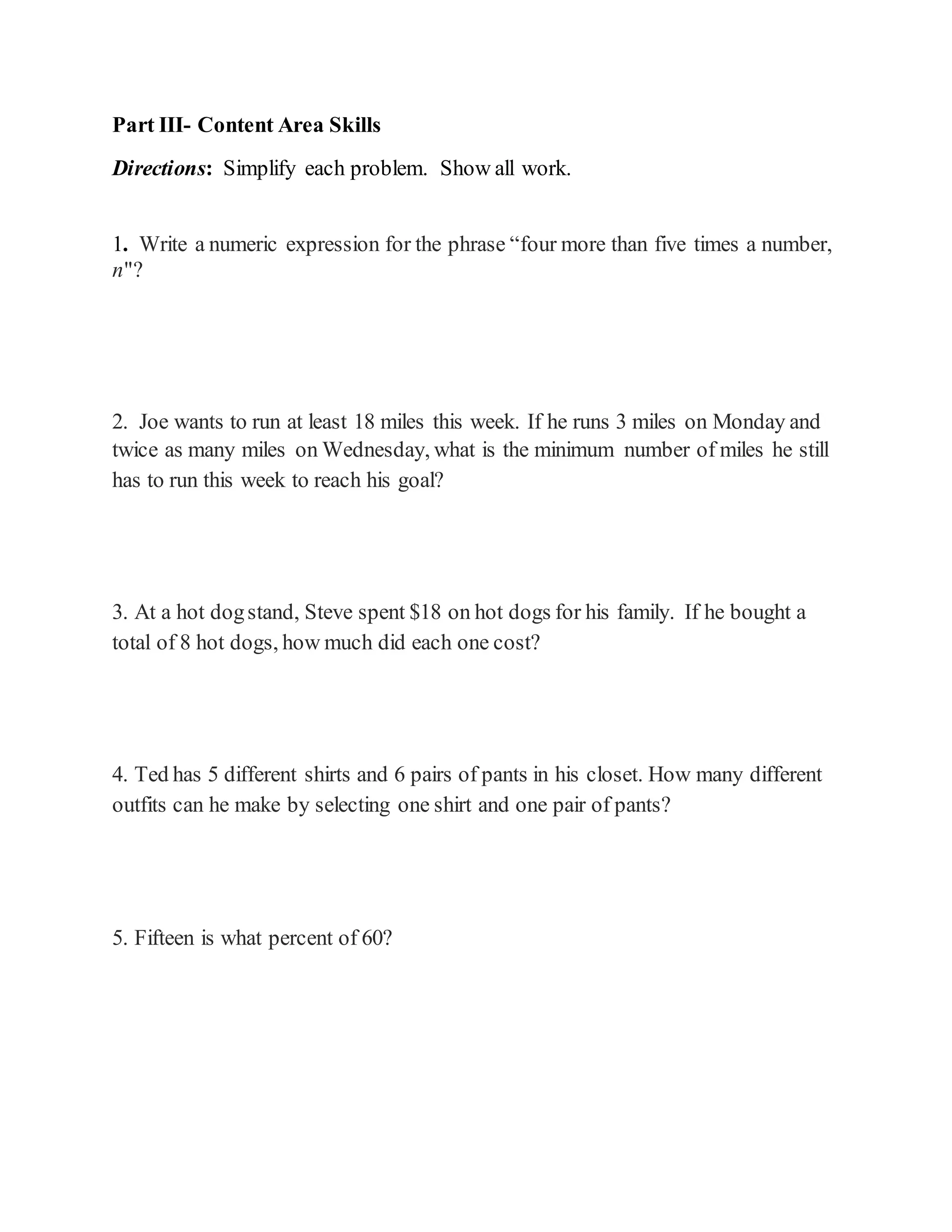 Basic Math Skills Pre-Assessment | PDF