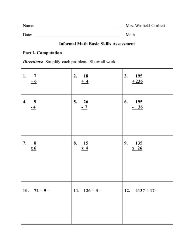 Basic Math Skills Pre-Assessment | PDF