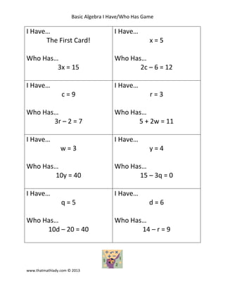 Basic Algebra I Have/Who Has Game | PDF