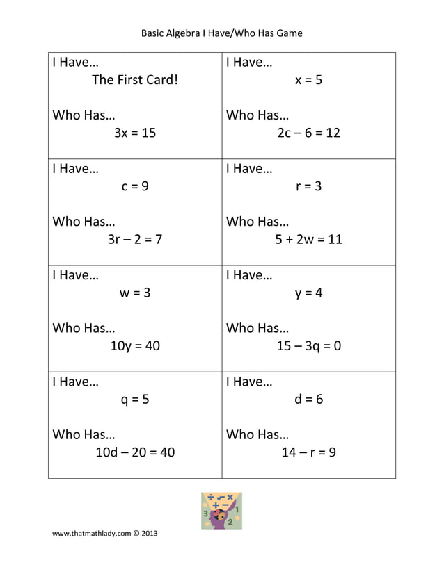 Basic Algebra I Have/Who Has Game | PDF