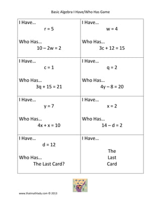 Basic Algebra I Have/Who Has Game | PDF
