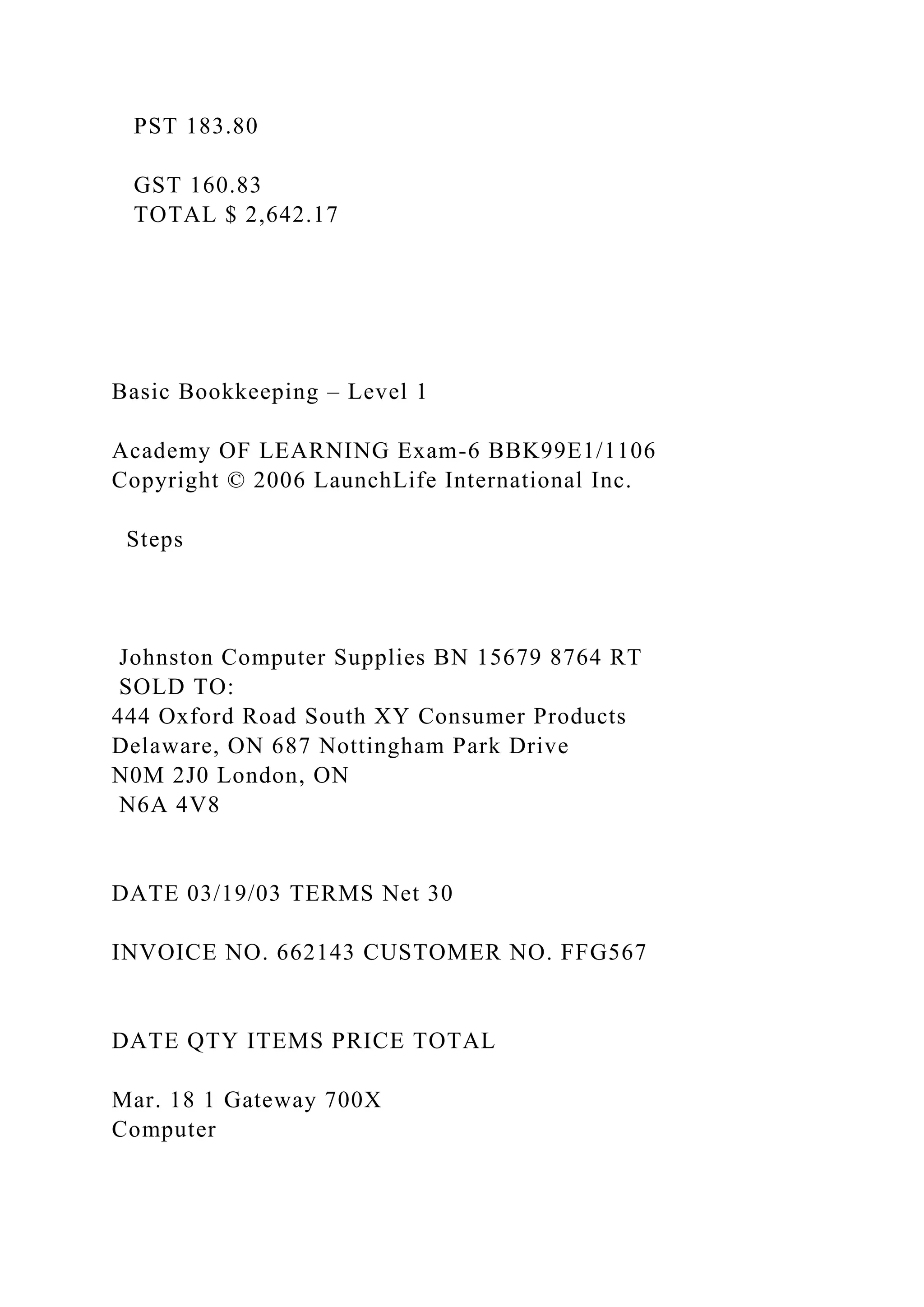 Basic Bookkeeping – Level 1 F I N A L E X A M V4.0 CU07.docx