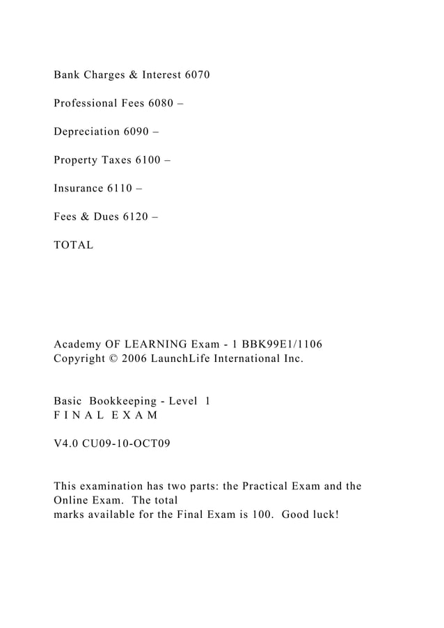 Basic Bookkeeping – Level 1 F I N A L E X A M V4.0 CU07.docx