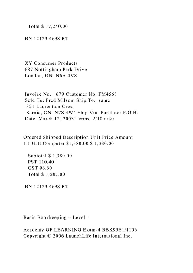 Basic Bookkeeping – Level 1 F I N A L E X A M V4.0 CU07.docx