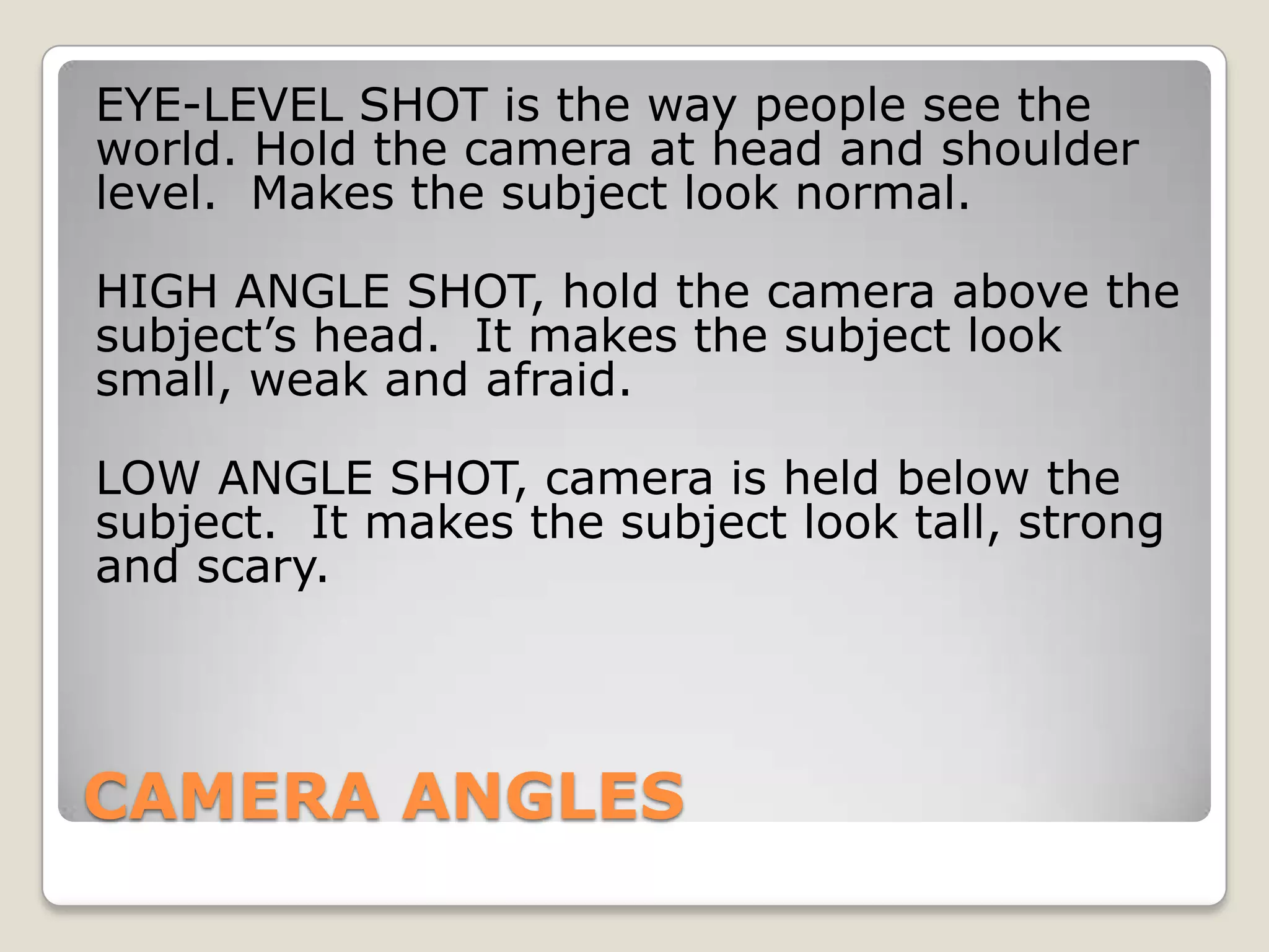 Basic camera shots module 4 | PPTX | Cameras and Camcorders | Consumer ...