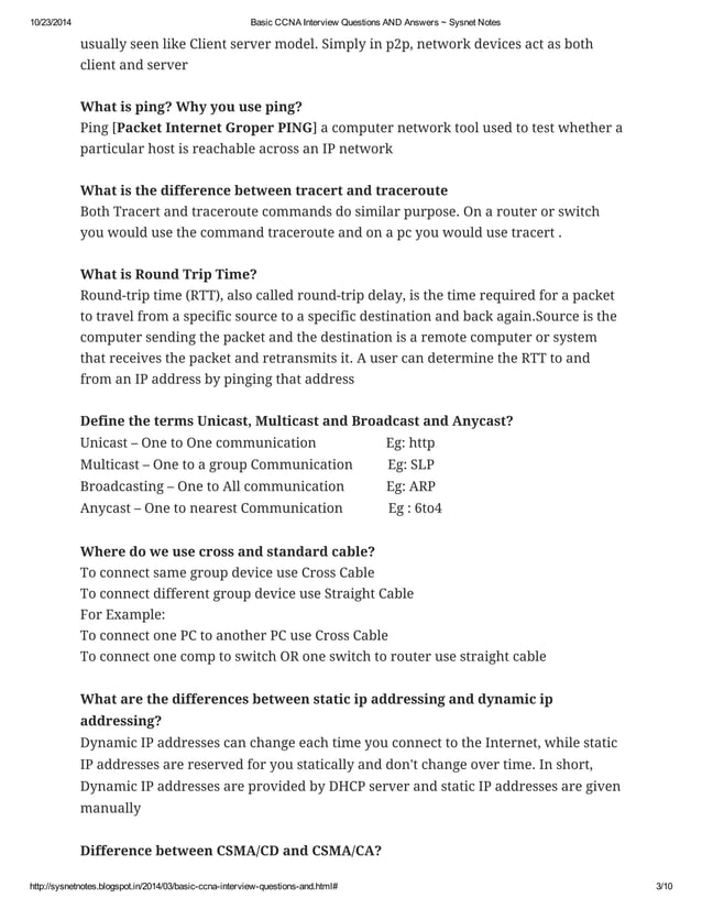 Basic ccna interview questions and answers ~ sysnet notes | PDF